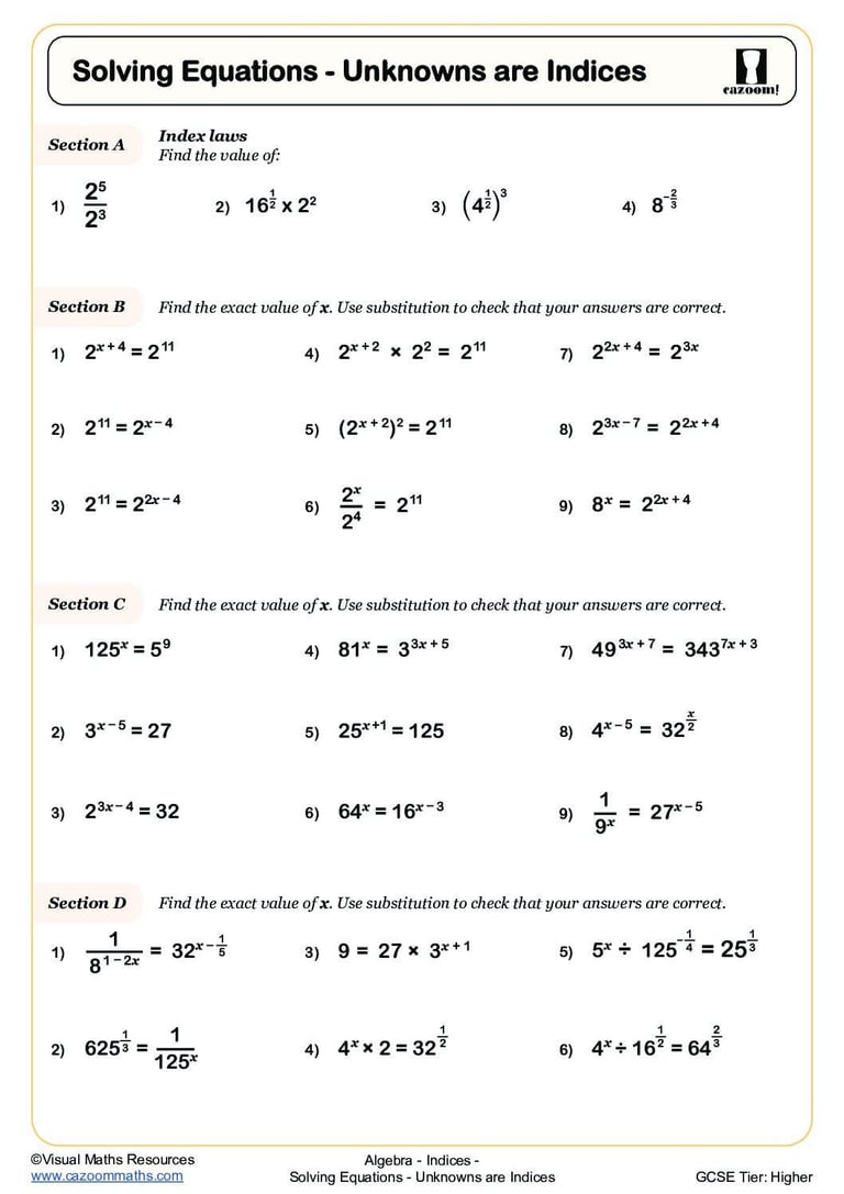 Solving Equations - Unknowns are Indices | Printable PDF Year 10 and ...