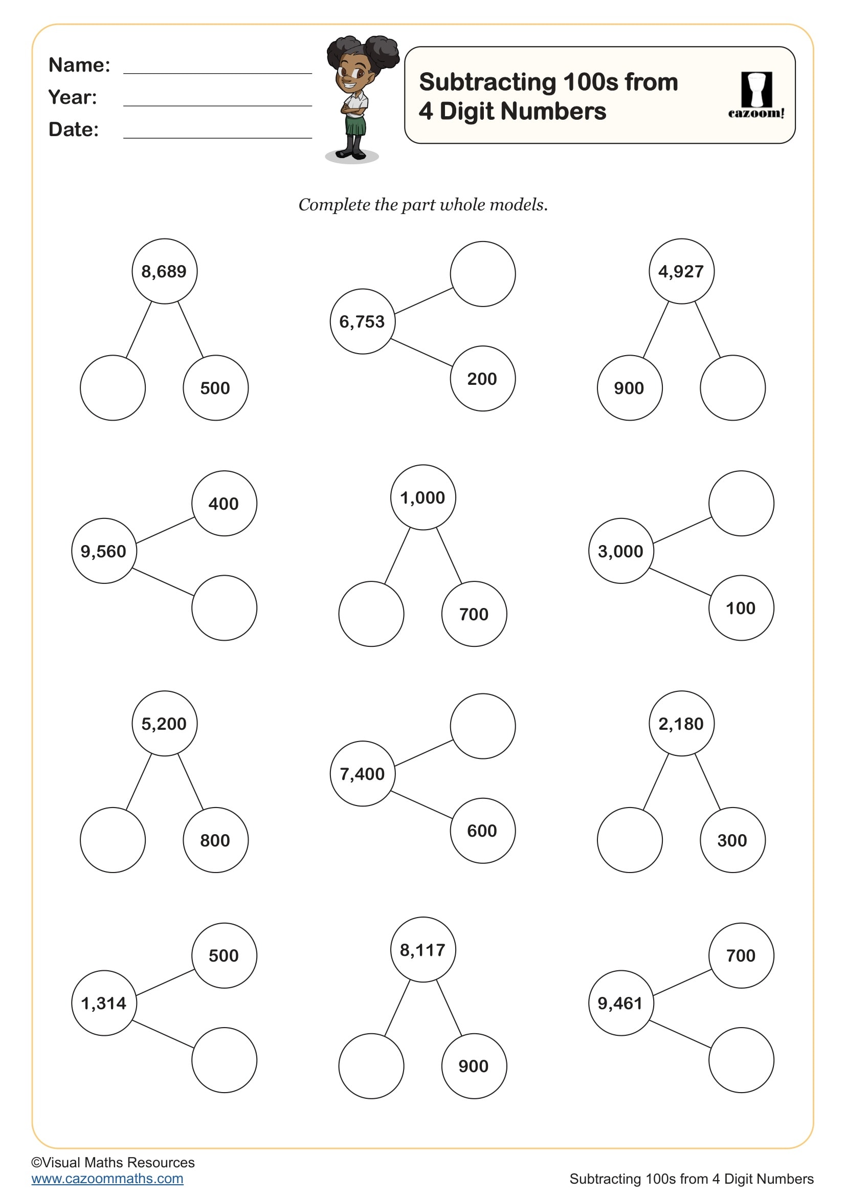 Subtracting 100s from 4 Digit Numbers Worksheet | Printable PDF Year 4 ...