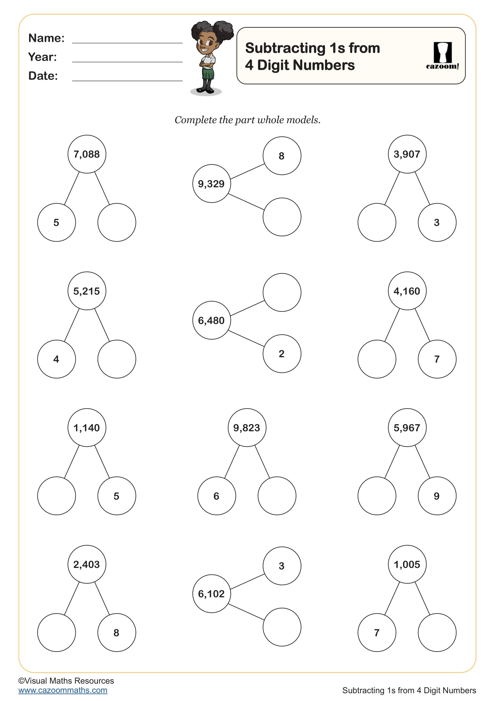 Subtracting 1s from 4 Digit Numbers Worksheet | Fun and Engaging Year 4 ...