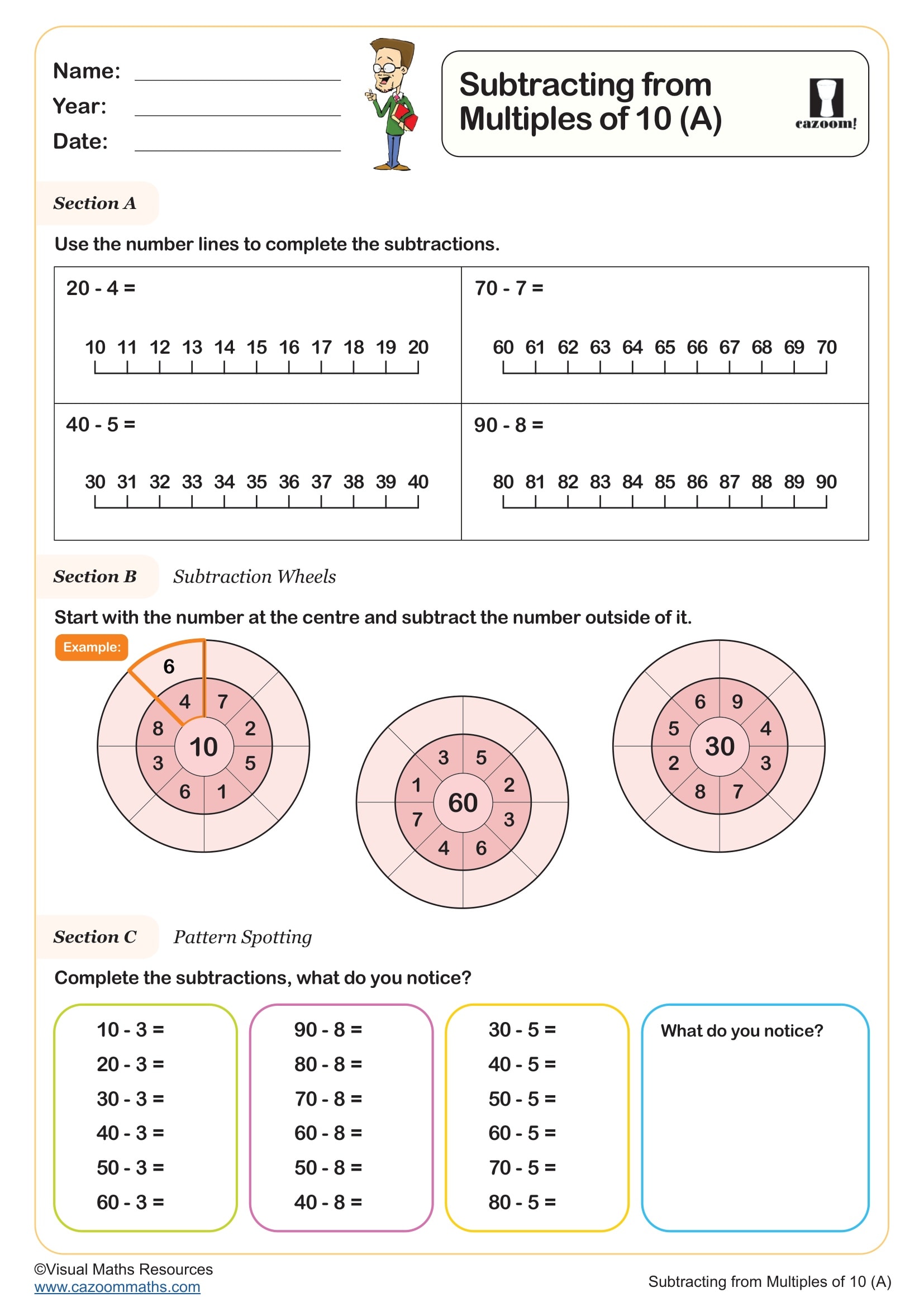Subtracting from Multiples of 10 (A) Worksheet | Printable Year 2 ...
