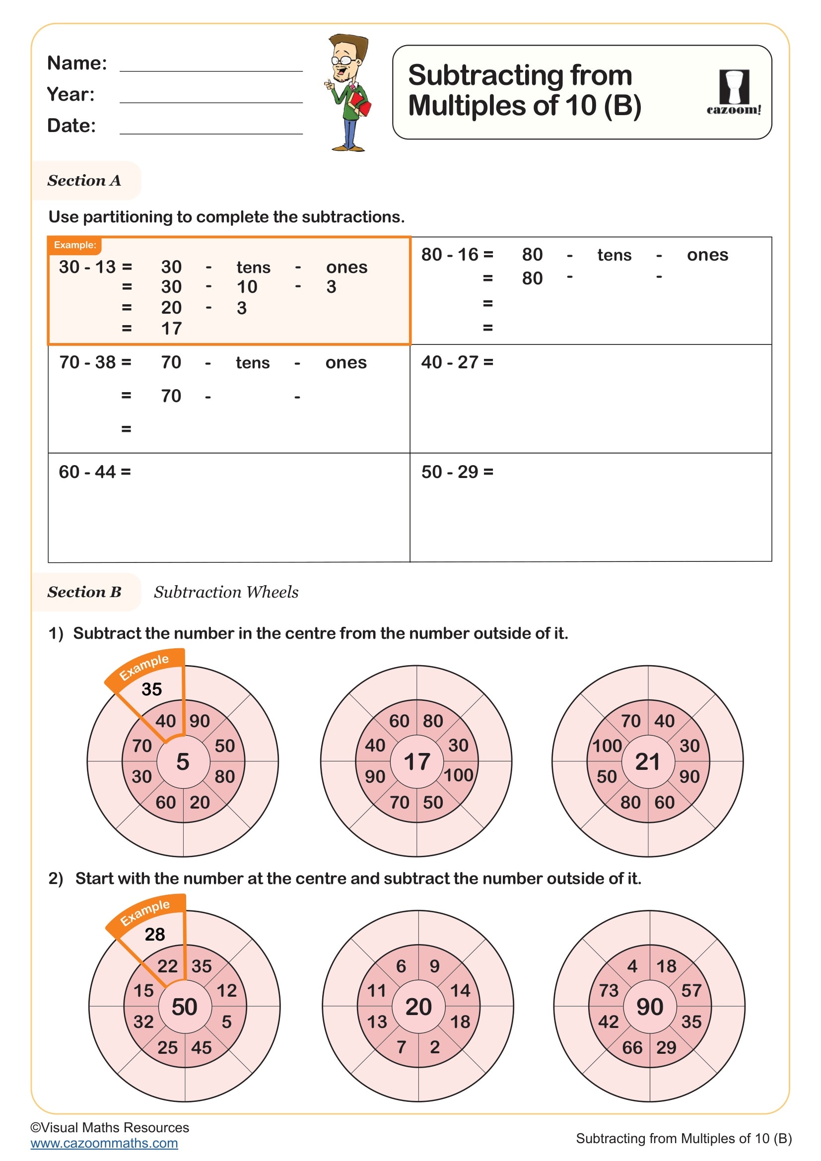 Subtracting from Multiples of 10 (A) Worksheet | Printable Year 2 ...