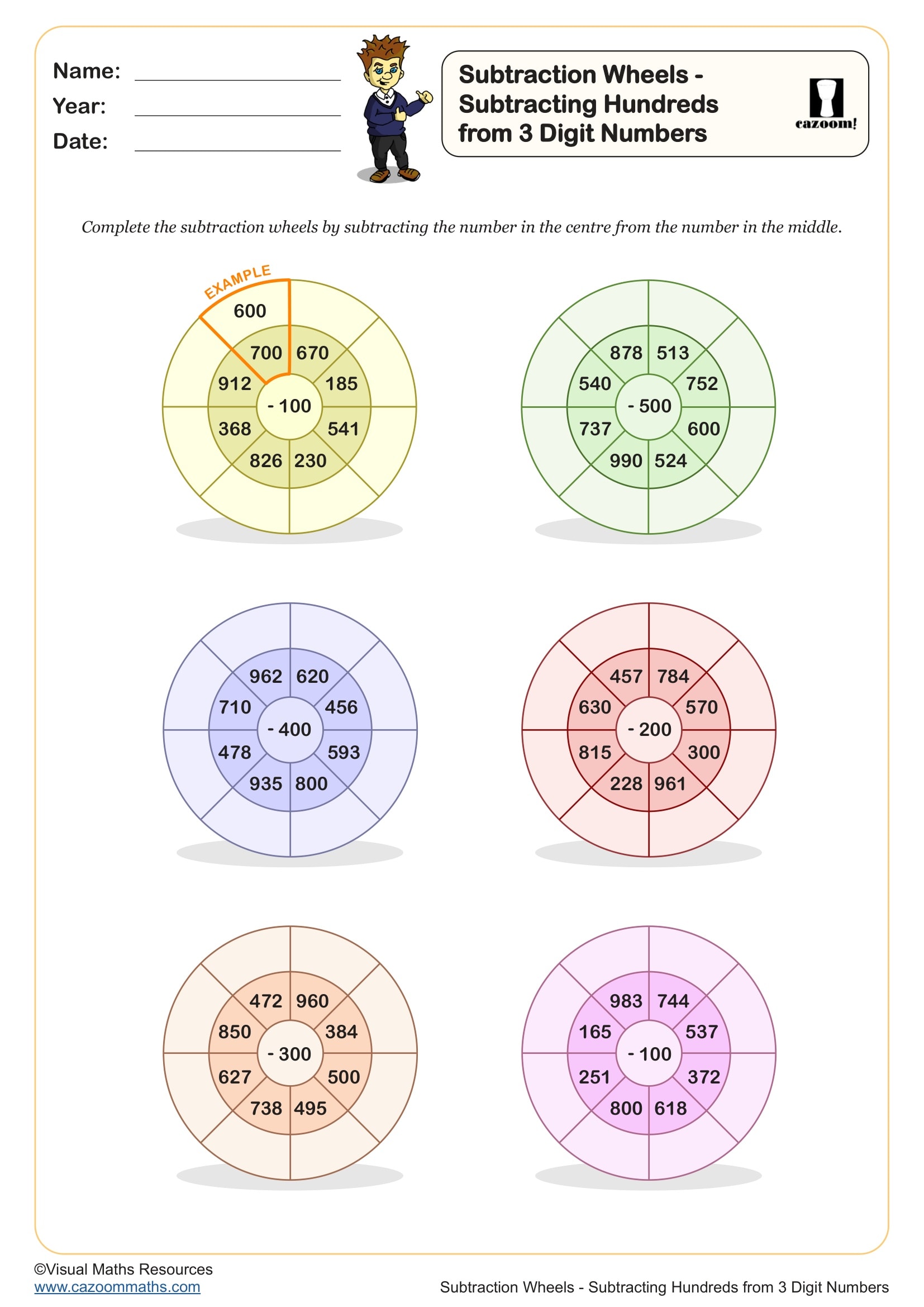 Subtraction Wheels - Subtracting Hundreds from 3 Digit Numbers ...