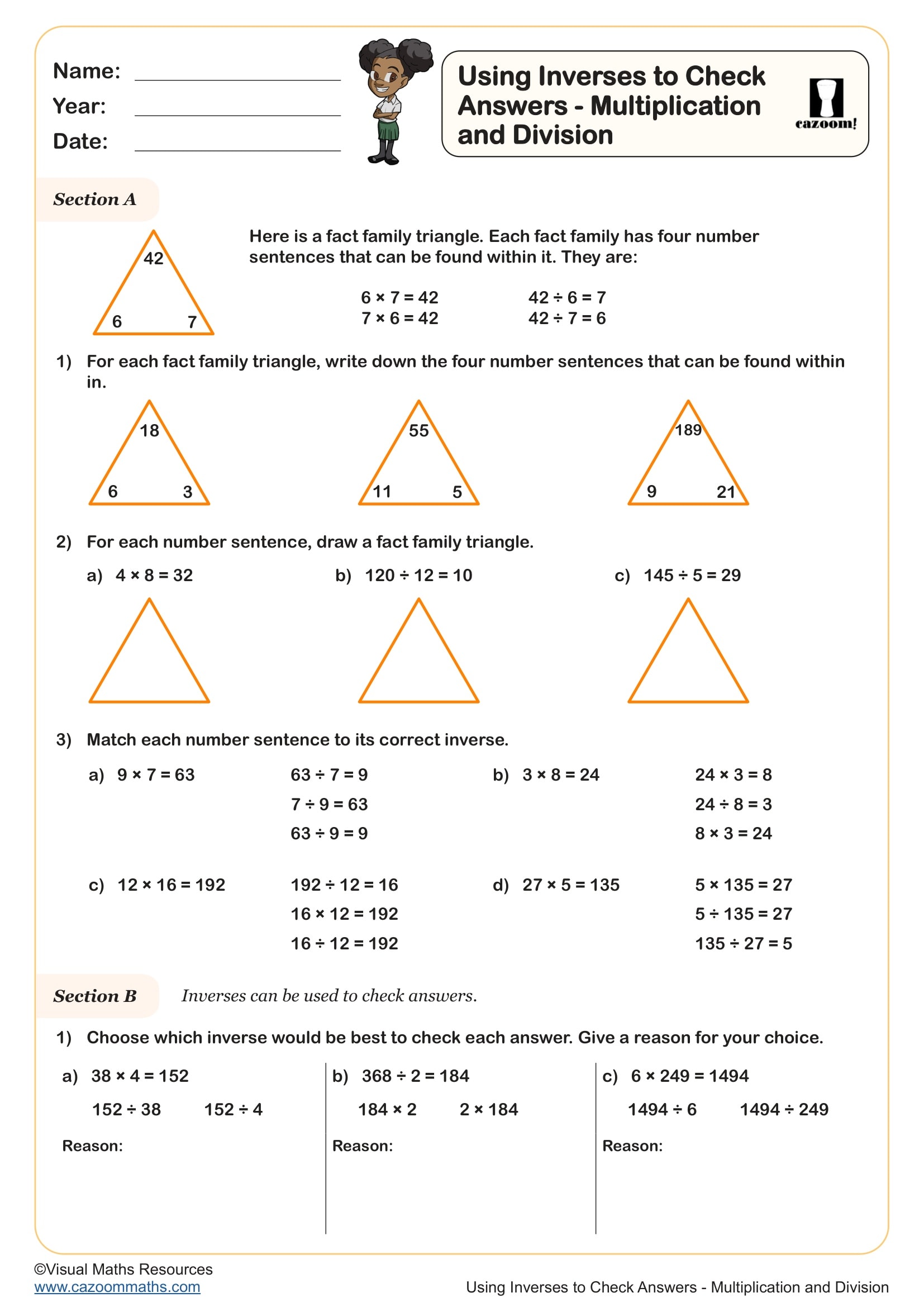 Using Inverses to Check Answers - Multiplication and Division Worksheet ...