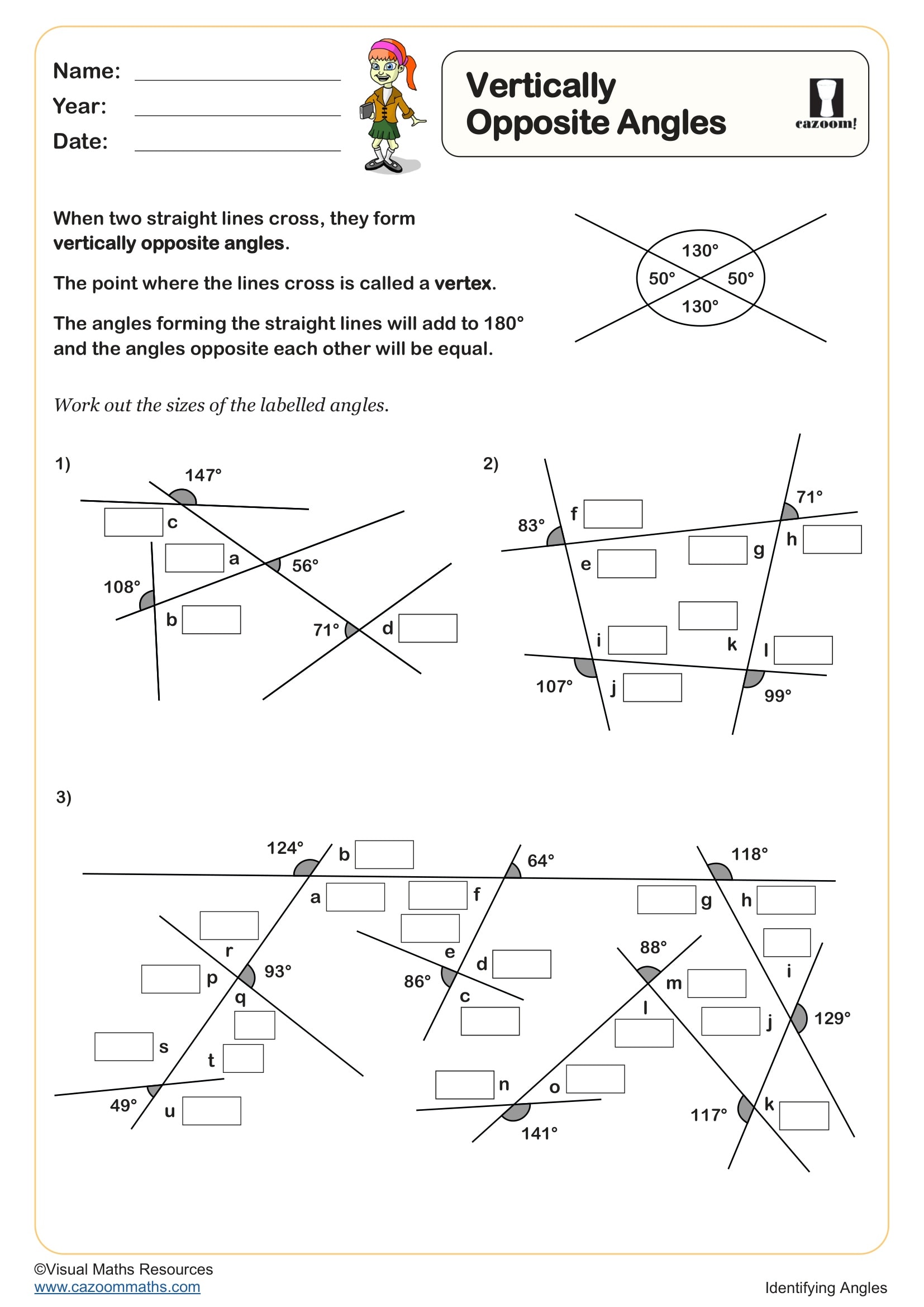 Vertically Opposite Angles Worksheet | Printable PDF Year 6 Geometry ...