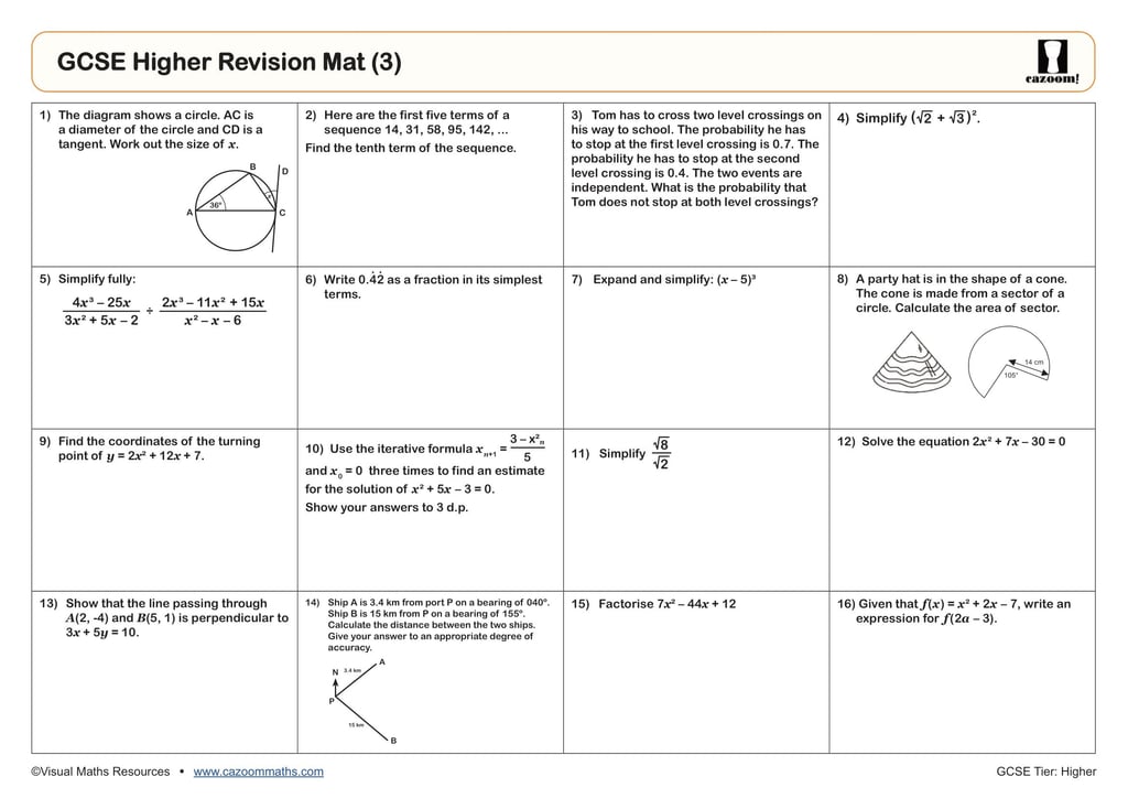 GCSE Higher Plus Revision Mat (3) Worksheet | Printable PDF GCSE Maths ...