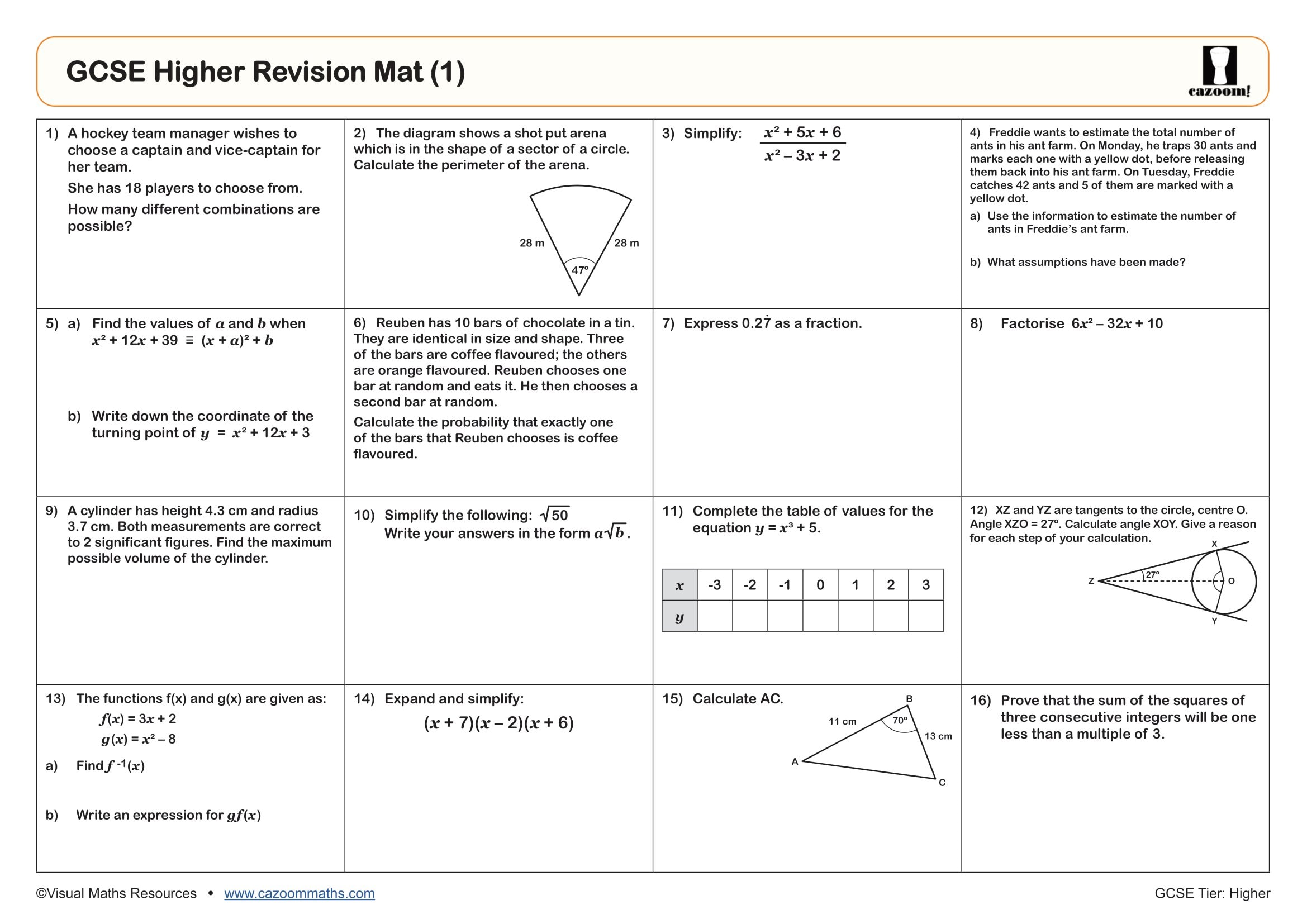 GCSE Higher Revision Mat (1) Worksheet | Printable PDF GCSE Maths ...