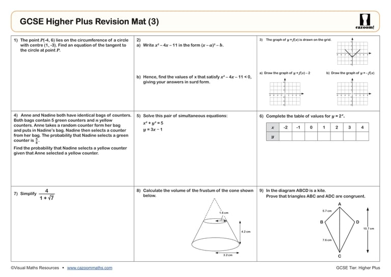GCSE Higher Revision Mat (3) Worksheet | Comprehensive GCSE Maths ...