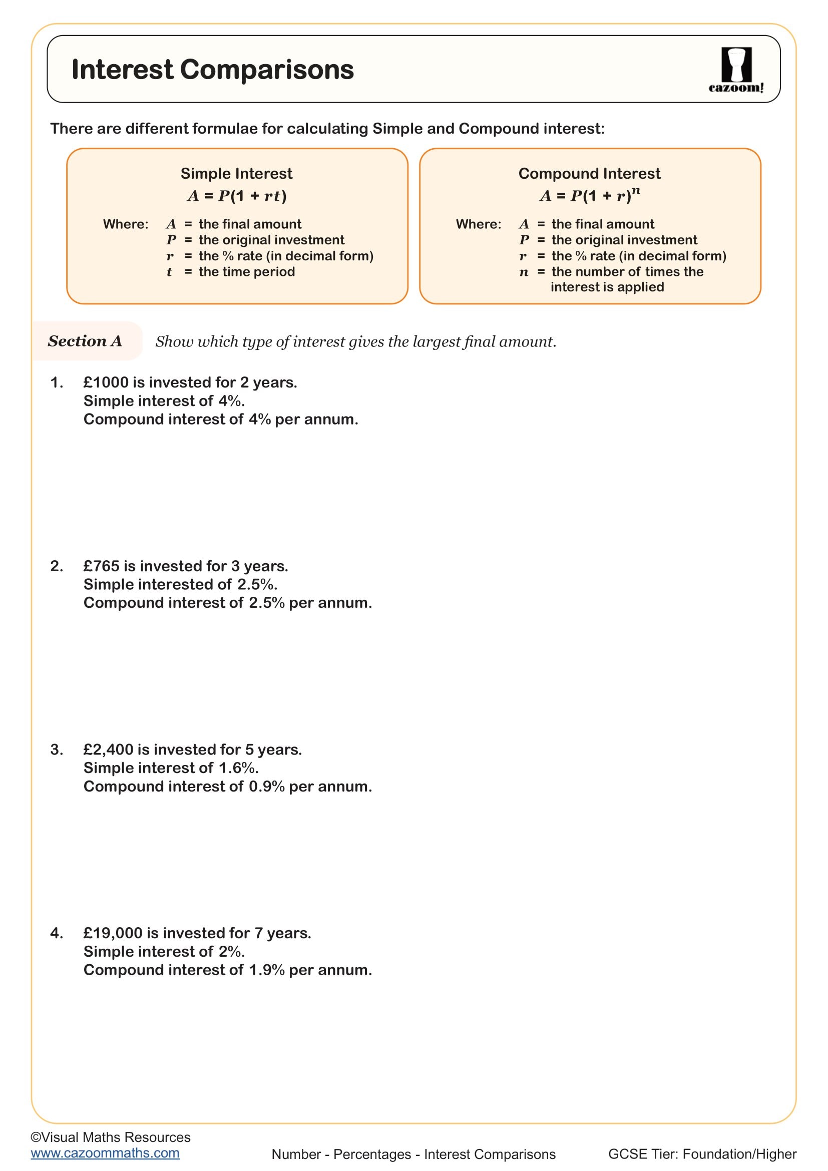 Simple Interest Worksheet | Fun and Engaging Year 8 and Year 9 Number ...