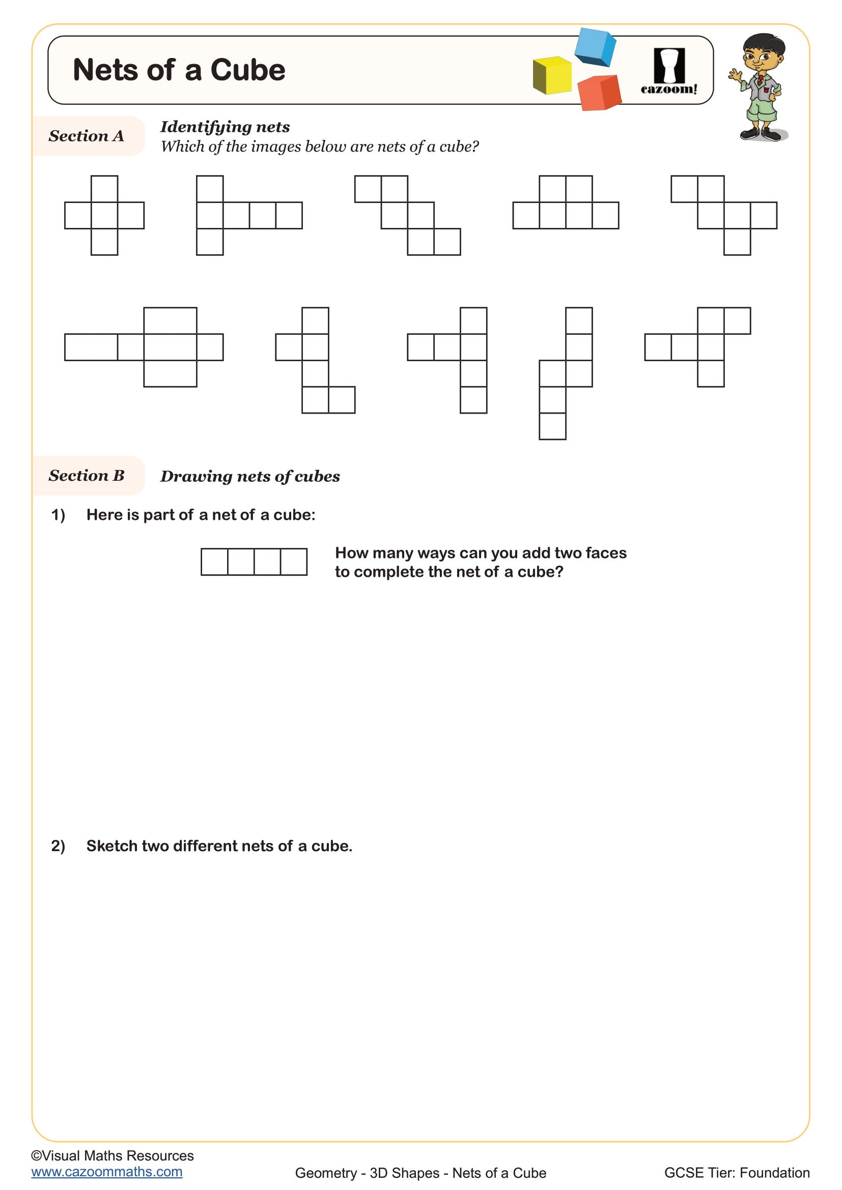 Nets of a Cube Worksheet | Printable PDF Year 7 and Year 8 Geometry ...