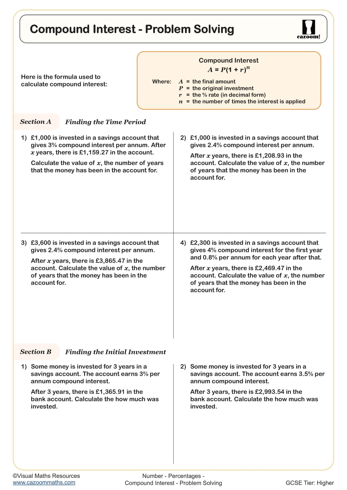 Reverse Percentages - Using a Bar Model (B) Worksheet