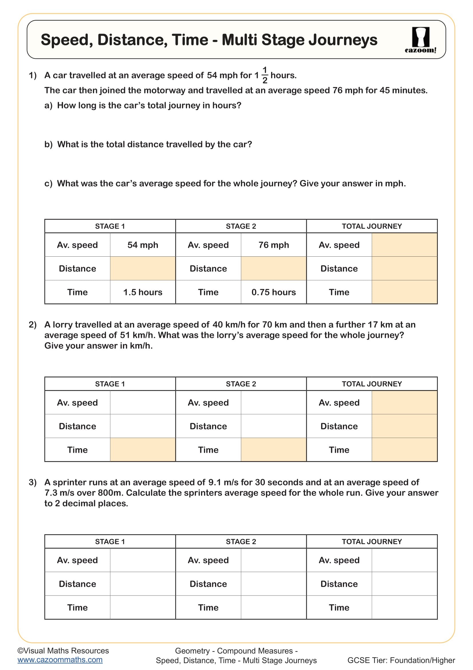 Speed, Distance, Time - Multi Stage Journeys Worksheet | Printable PDF ...