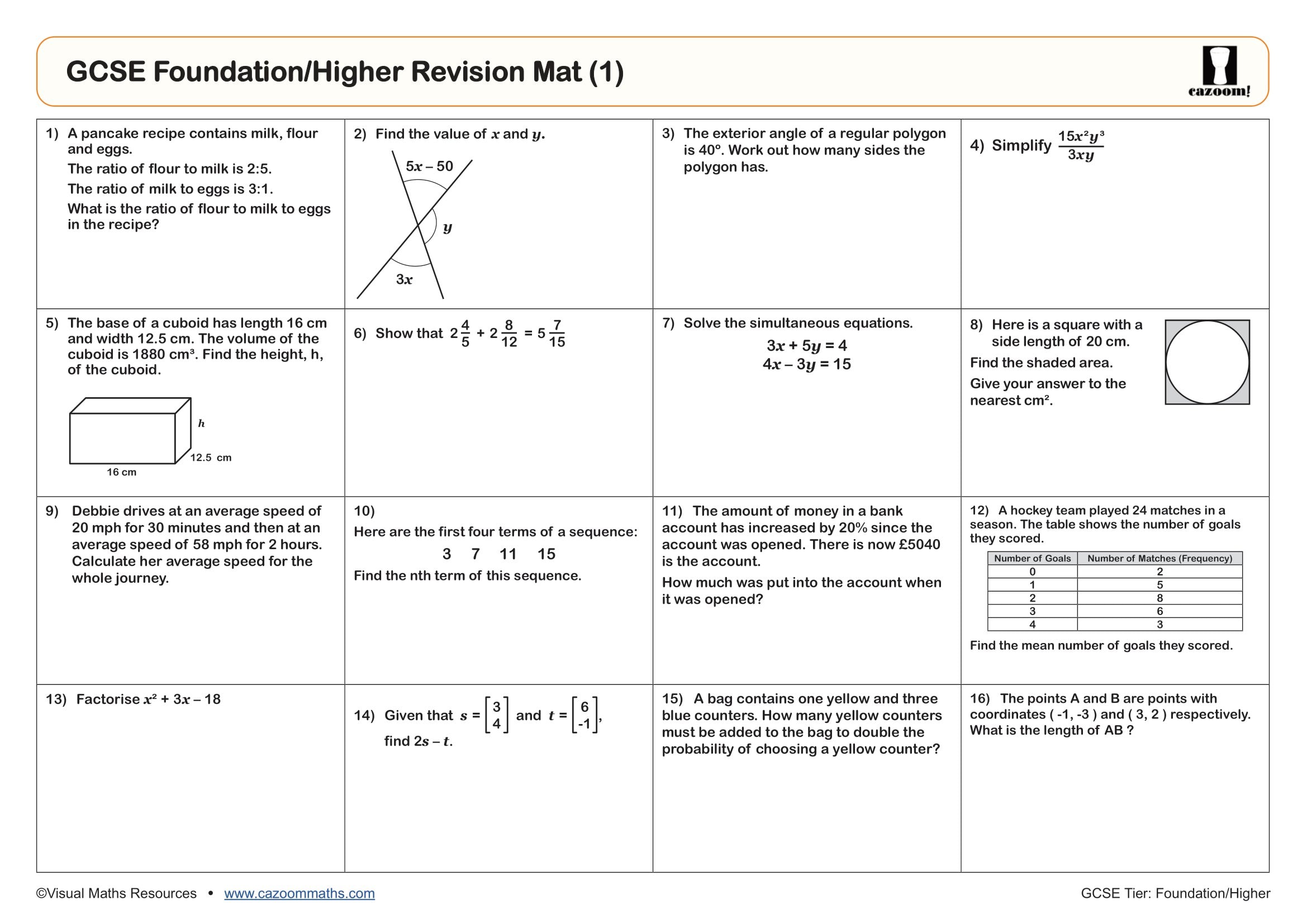 GCSE Foundation/Higher Revision Mat (1) Worksheet | GCSE Maths Revision ...