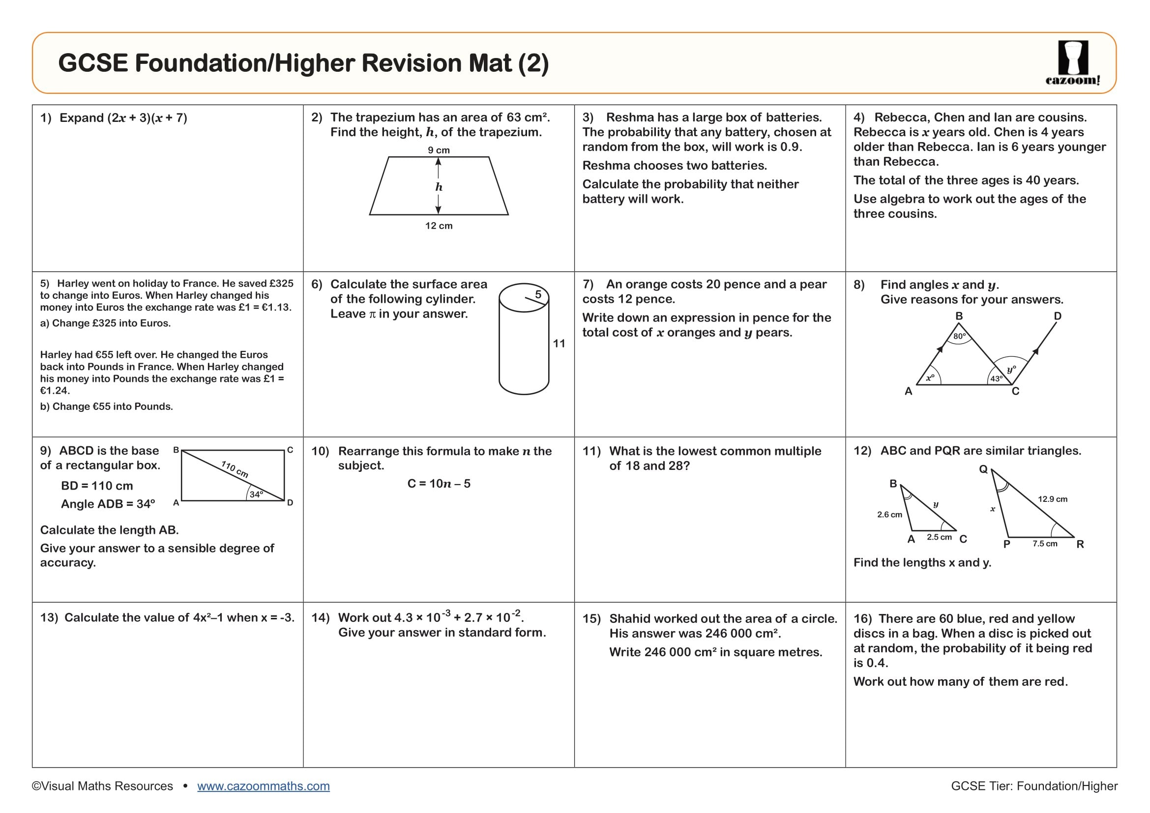 GCSE Foundation/Higher Revision Mat (2) Worksheet | GCSE Maths Revision ...