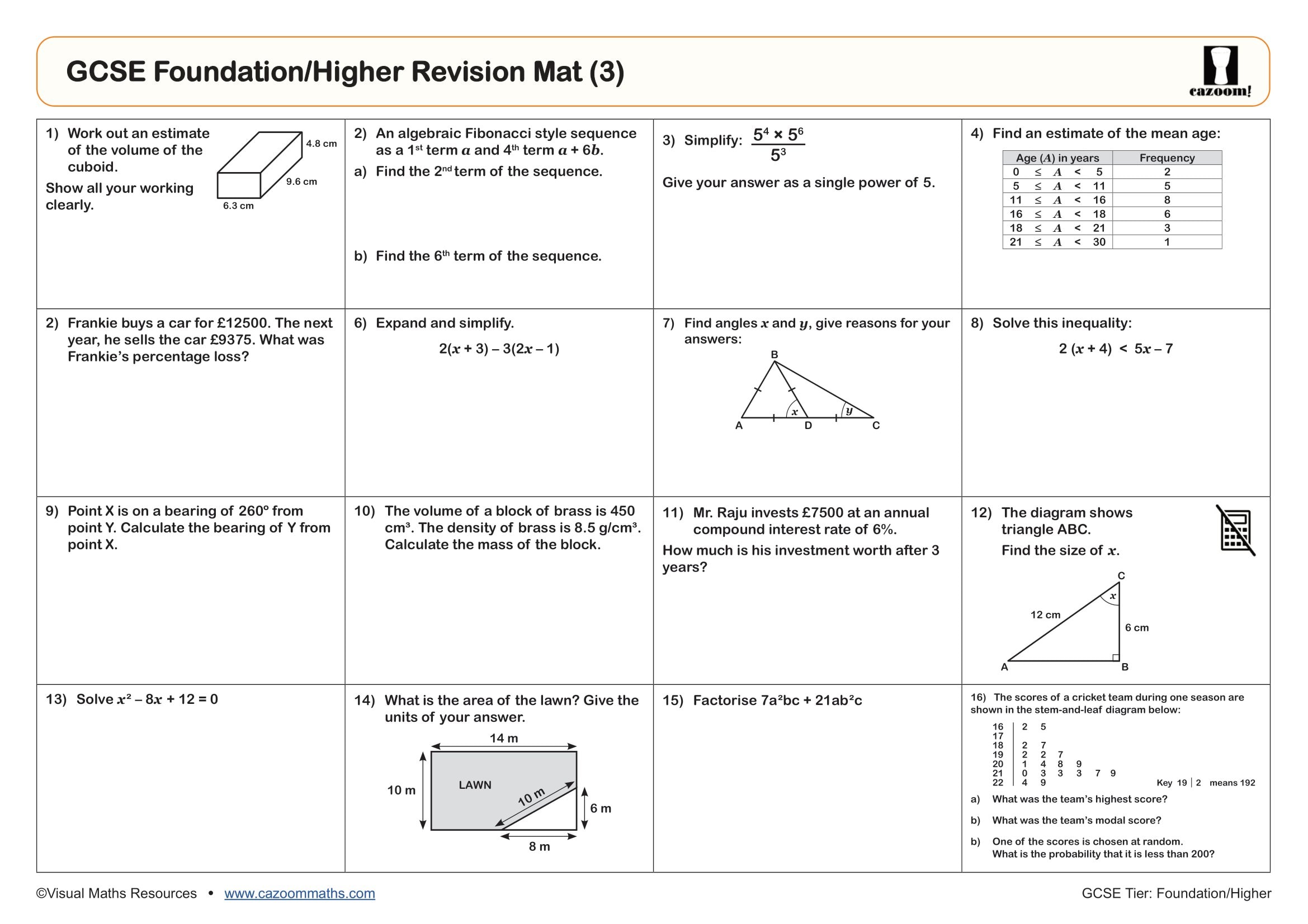 GCSE Foundation/Higher Revision Mat (2) Worksheet | GCSE Maths Revision ...