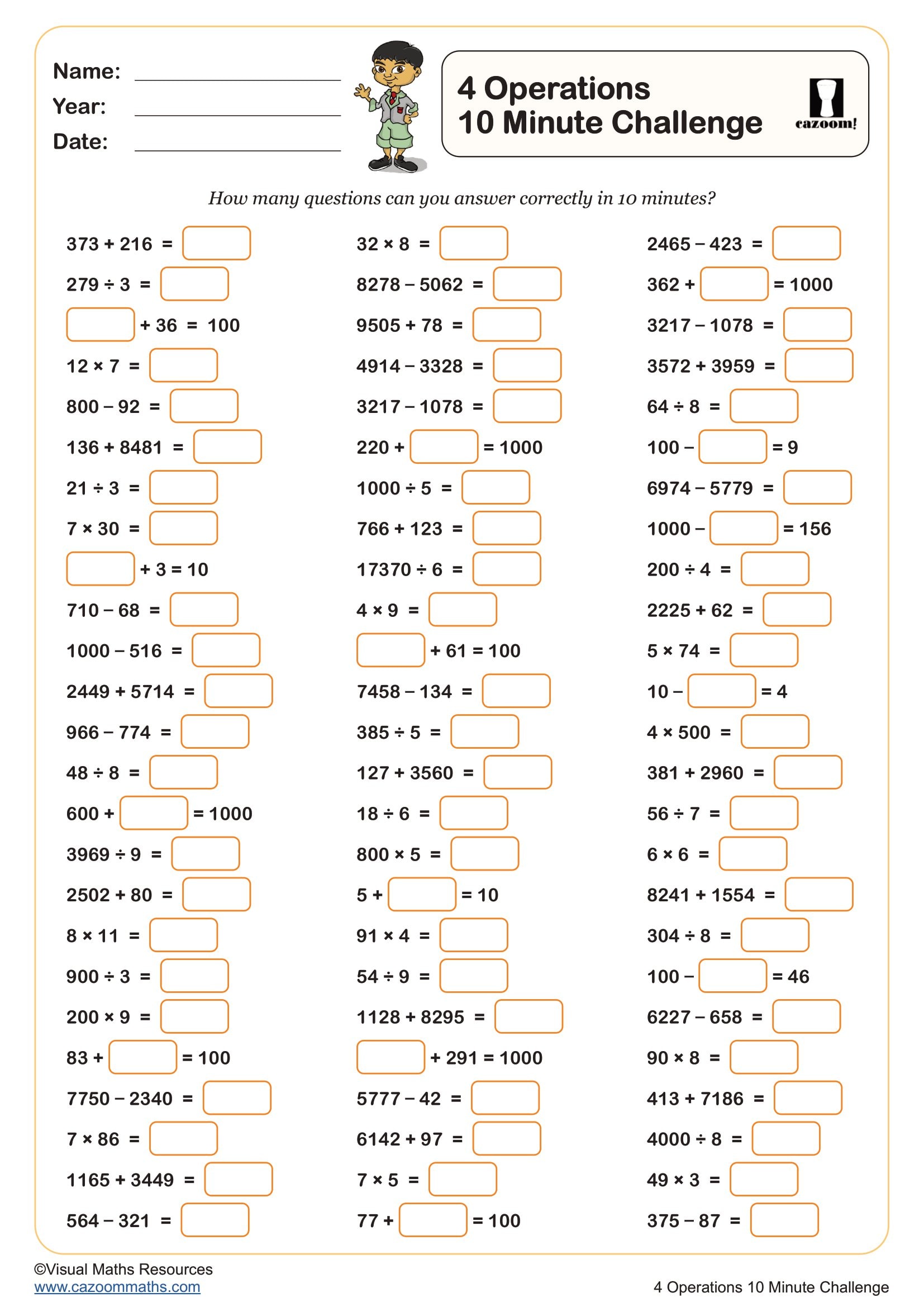 4 Operations 10 Minute Challenge Worksheet | Fun and Engaging Year 6 ...