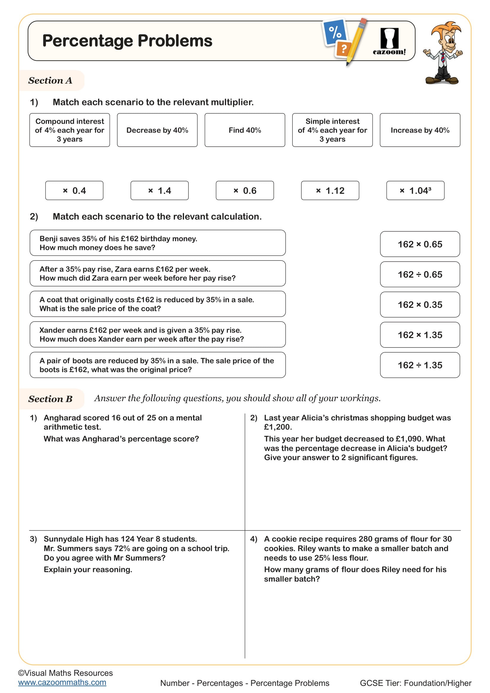 Percentage Problems Worksheet | Printable PDF Year 9 and 10 and Number ...