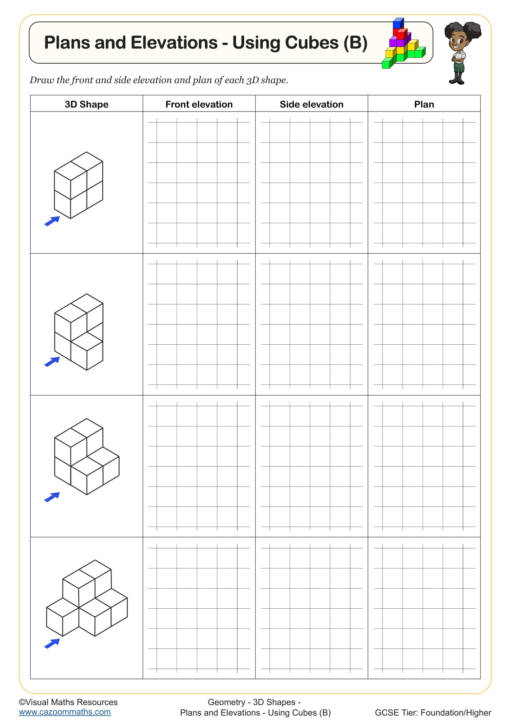 Plan and Elevations - Using Cubes (A) Worksheet | Printable PDF Year 10 Geometery Worksheet