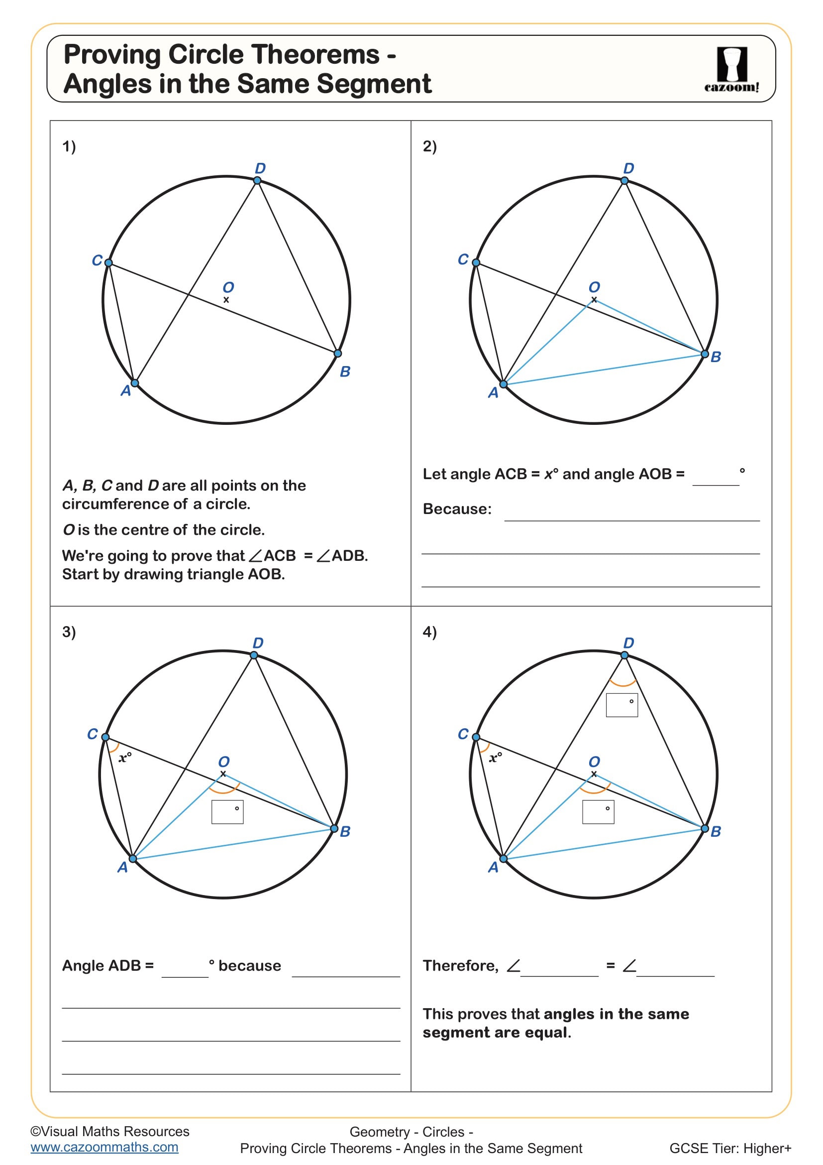 Proving Circle Theorems - Angles in the Same Segment Worksheet | Printable PDF Year 11 Geometry ...