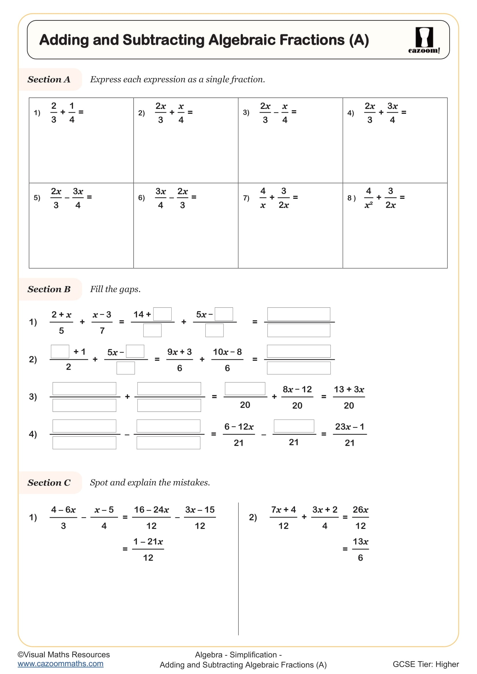 Adding And Subtracting Algebraic Fractions Worksheet Printable Pdf Year 9 And 10 And Algebra
