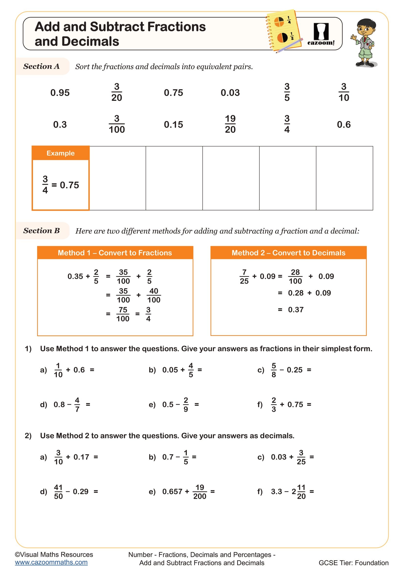 Add and Subtract Fractions and Decimals Worksheet | Printable PDF for Year 8 and Year 9 Number ...