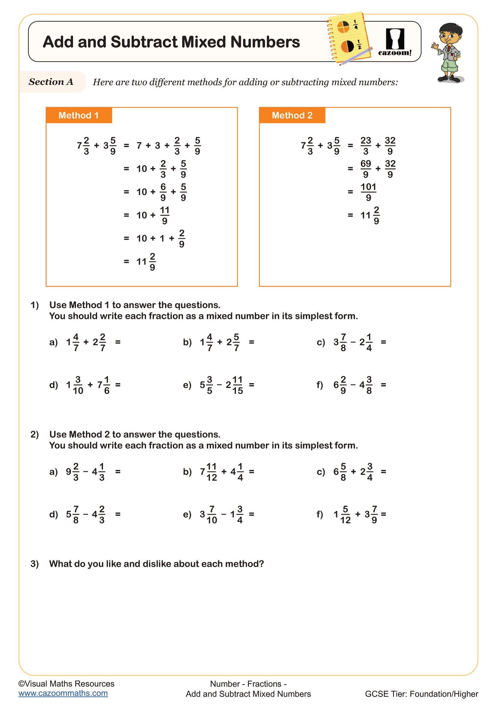 Add and Subtract Mixed Numbers Worksheet | Printable PDF for Year 8, Year 9 and Year 10 Number ...