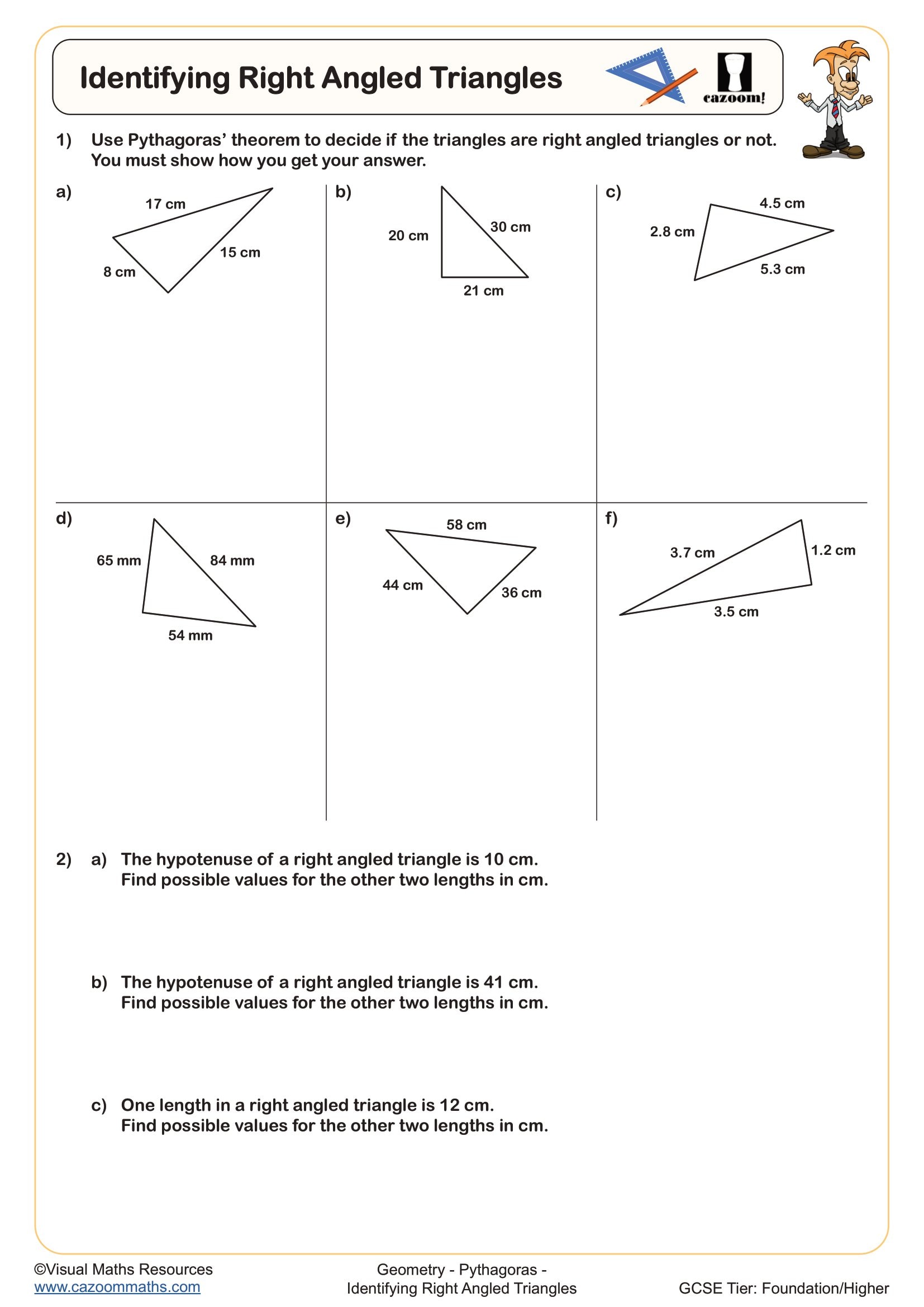 Identifying Right Angled Triangles Worksheet | Printable PDF for Year 9 ...