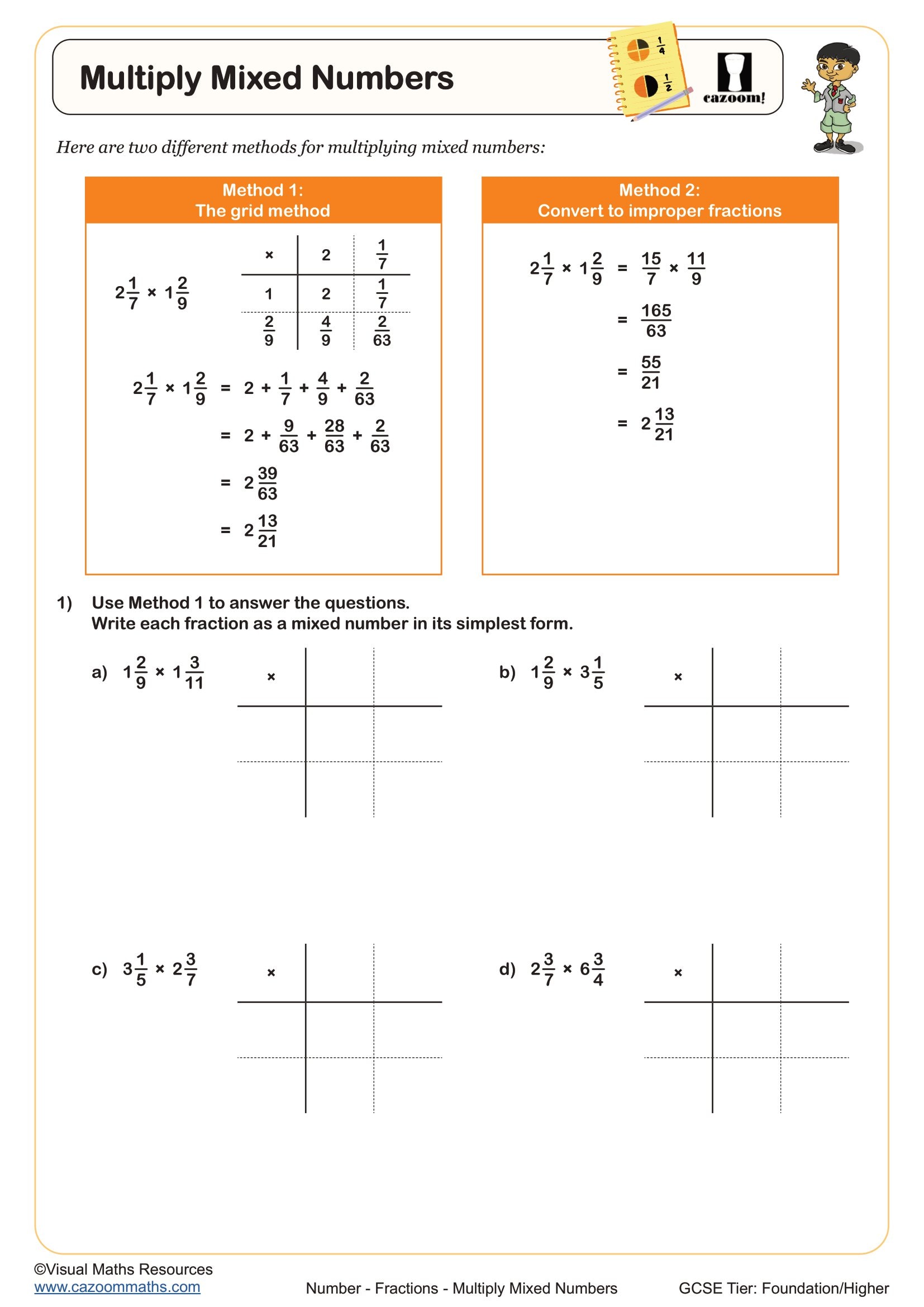 Multiply Mixed Numbers Worksheet | Printable PDF for Year 8 and Year 9 ...