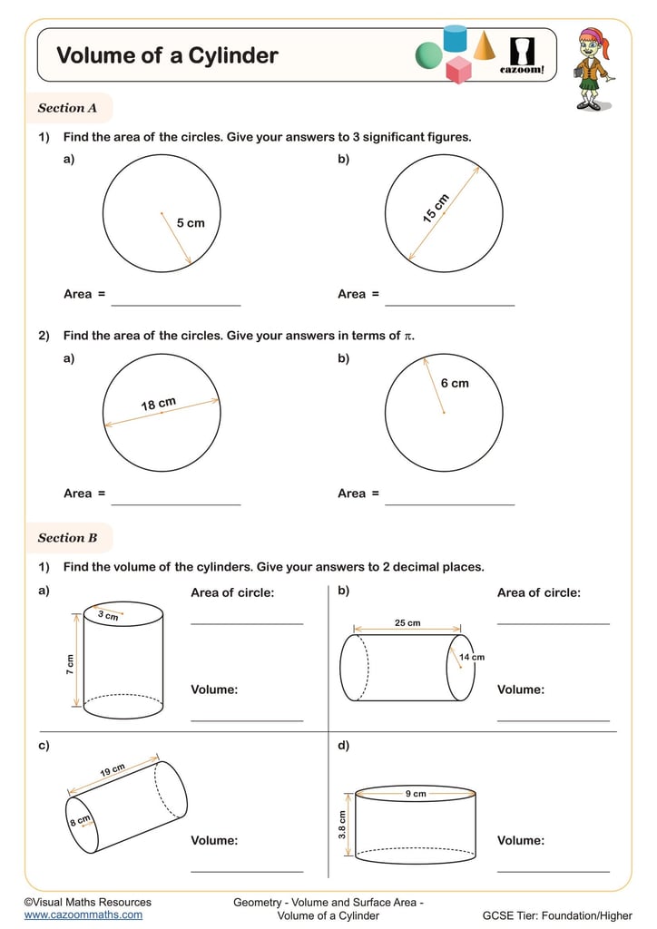 Volume of a Cylinder Worksheet | Printable PDF for Year 9 and Year 10 ...