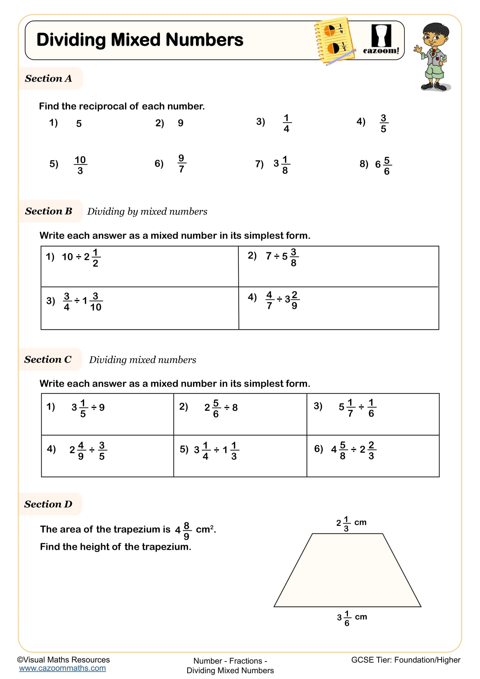 Dividing Mixed Numbers Worksheet | Printable PDF Year 8, 9 and 10 ...