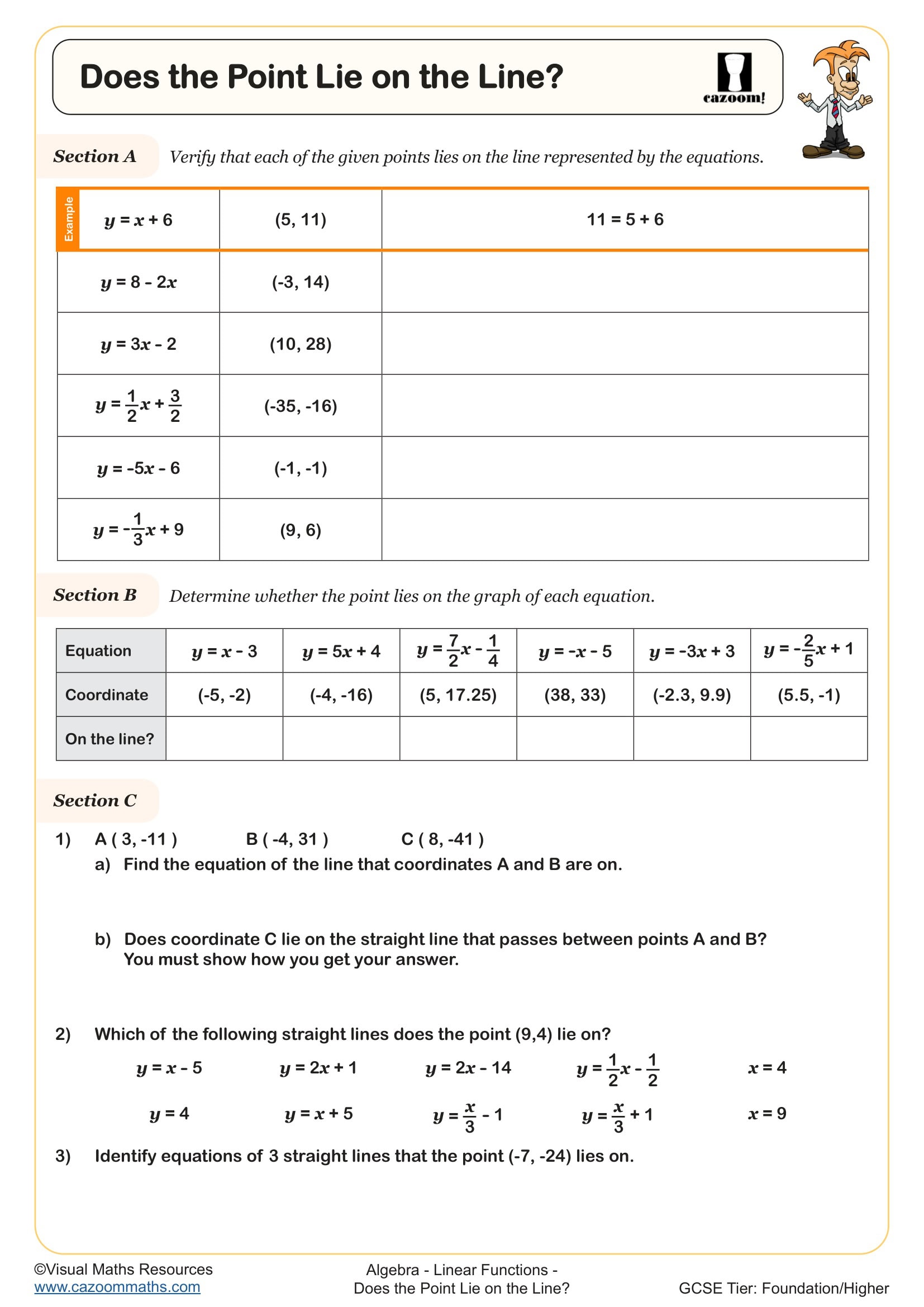 Does the Point Lie on the Line? Worksheet | Printable PDF Year 9, Year ...