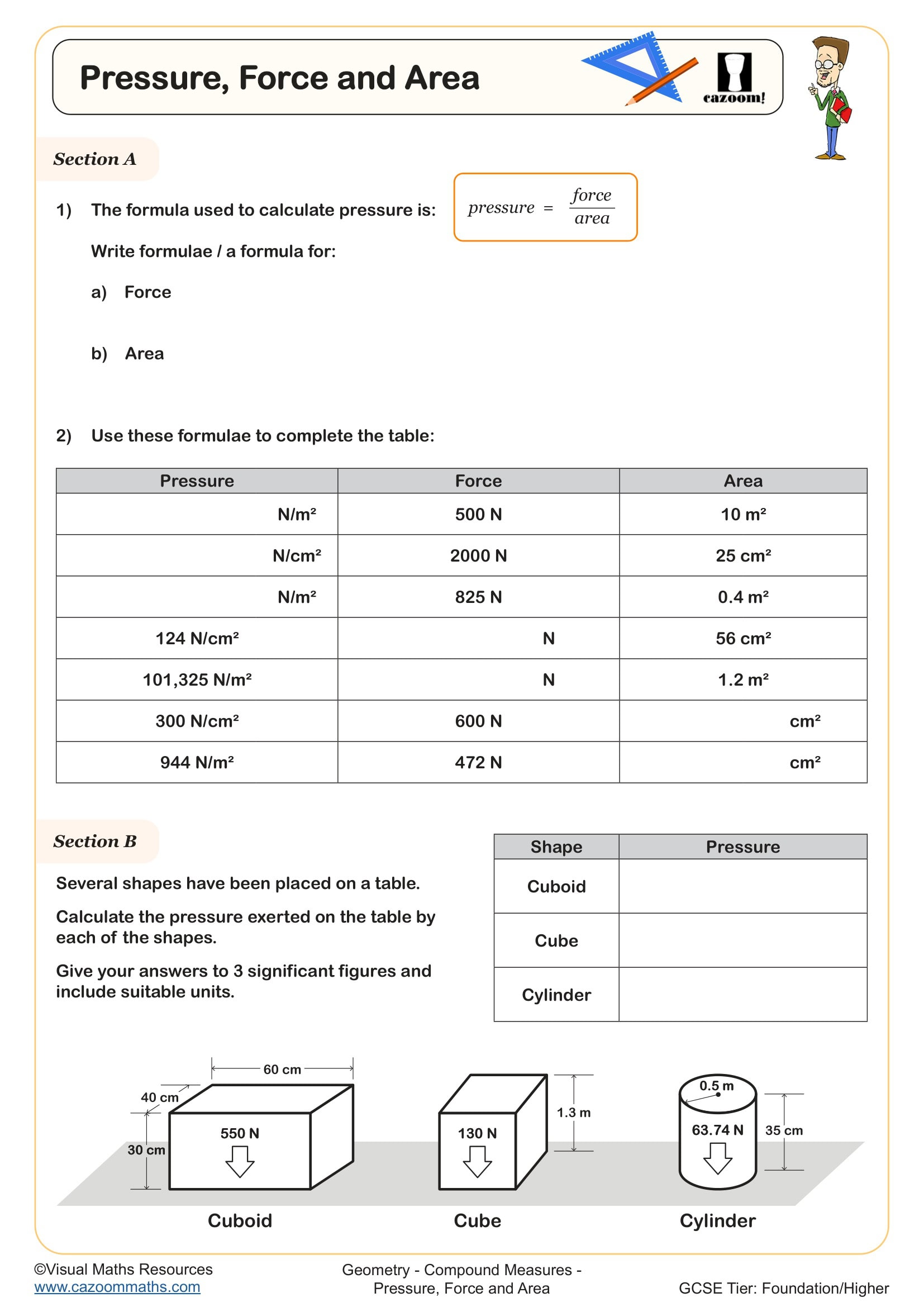 Free Printable Force, Pressure, and Area Triangle | Science Formula Poster