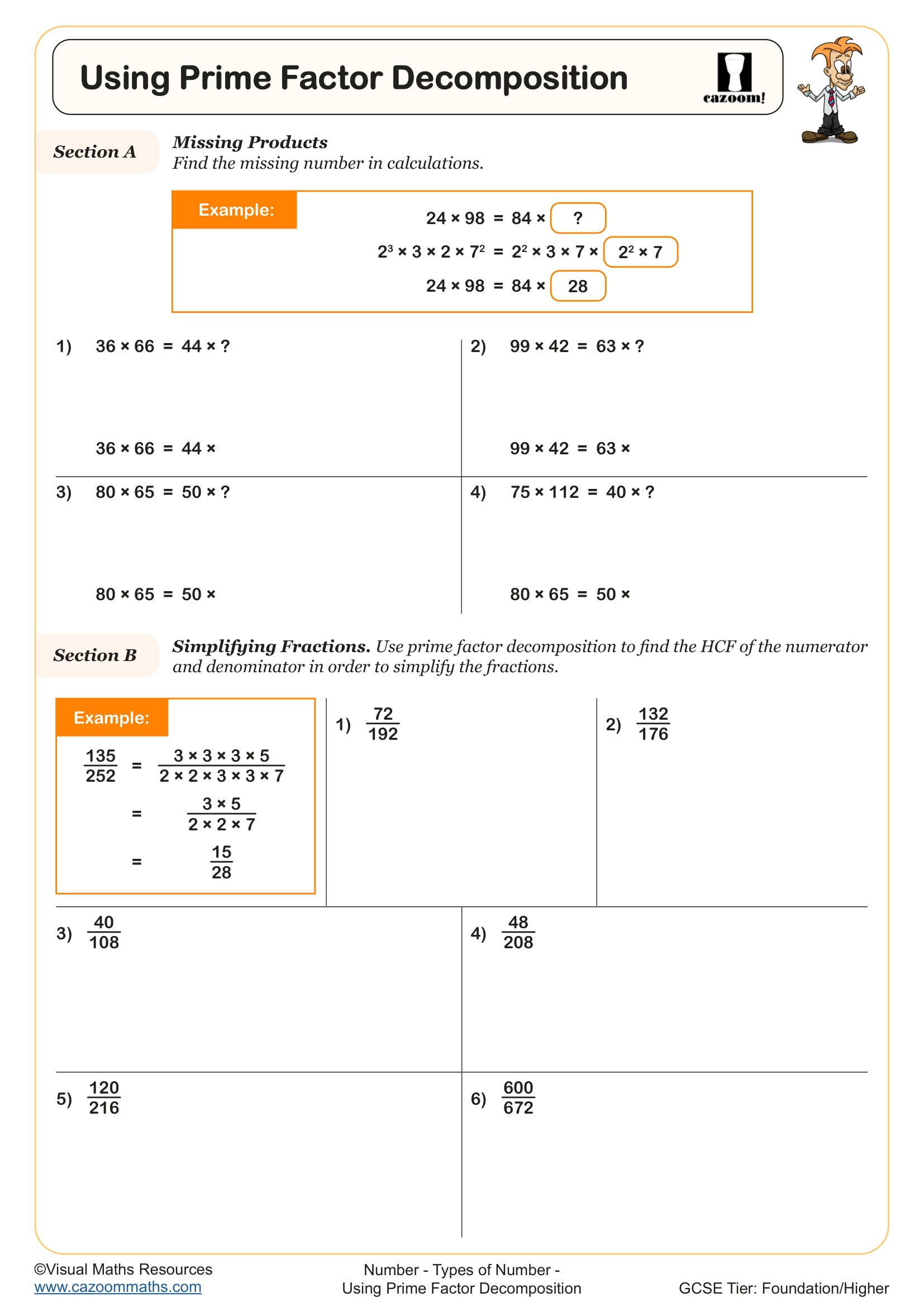 Using Prime Factor Decomposition Worksheet | Printable PDF Year 8 and ...
