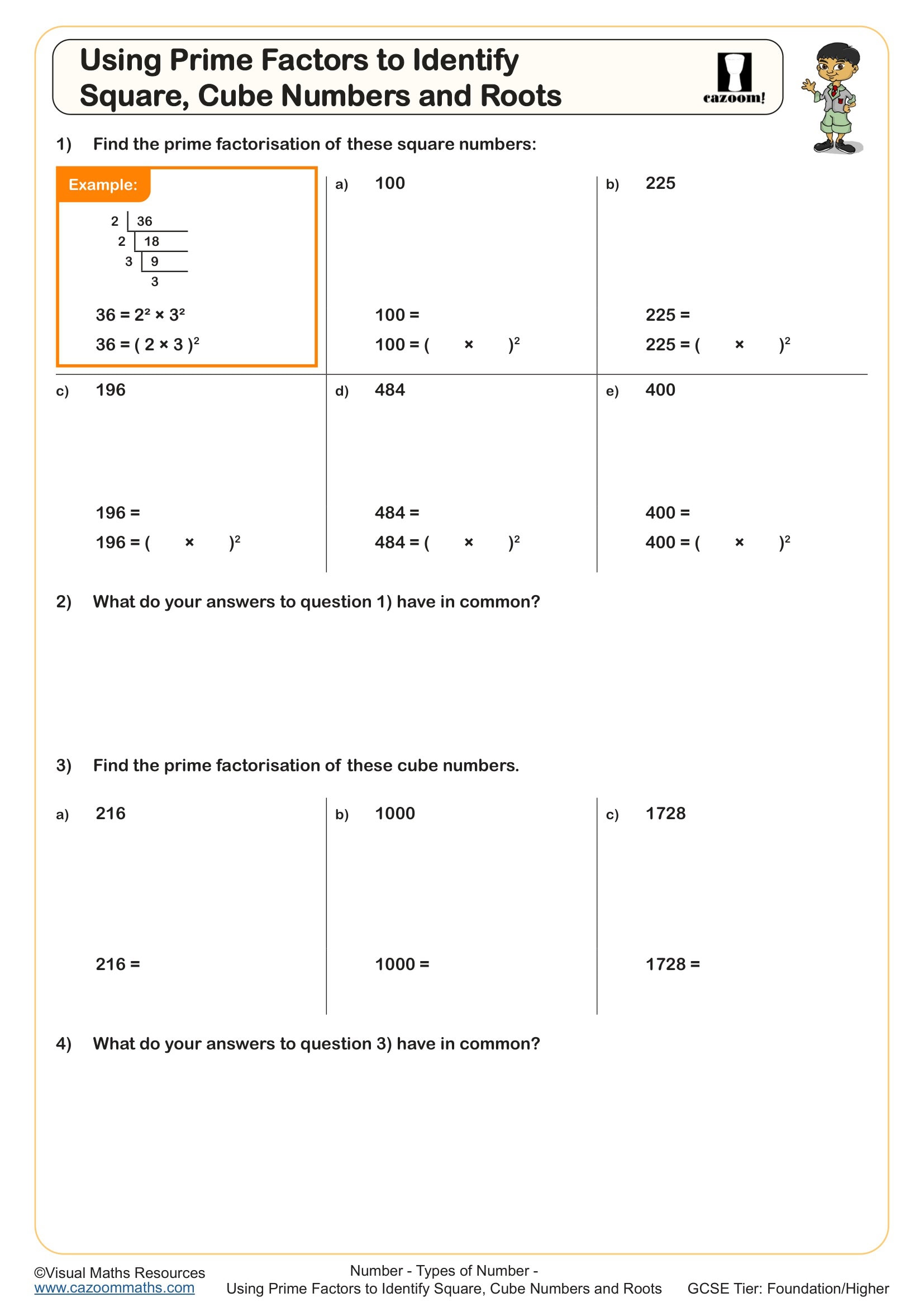 Using Prime Factors To Identify Square Cube Numbers And Roots Worksheet Printable Pdf Year 8