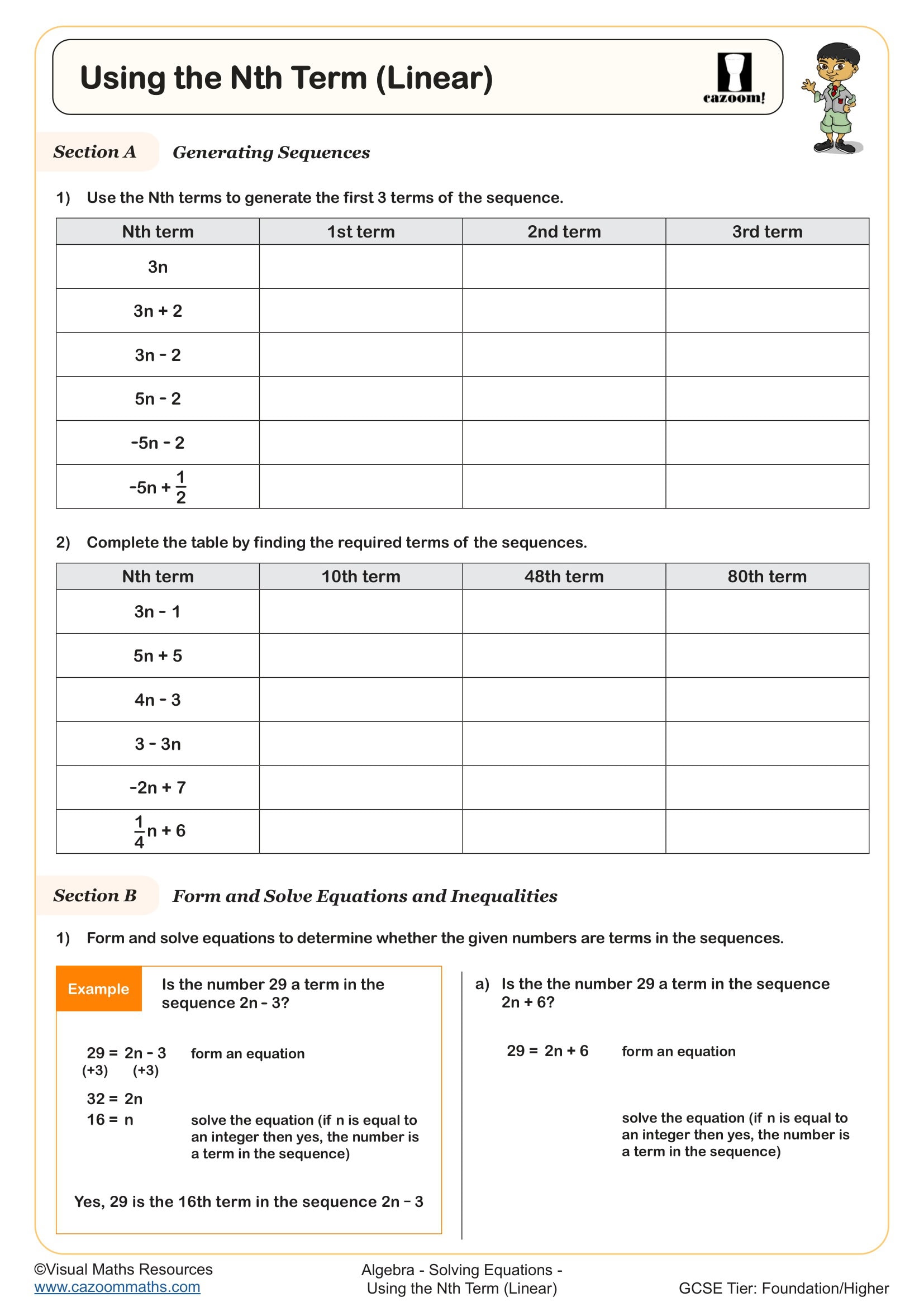 Using the Nth Term (Linear) Worksheet | Printable PDF for Year 8 and ...