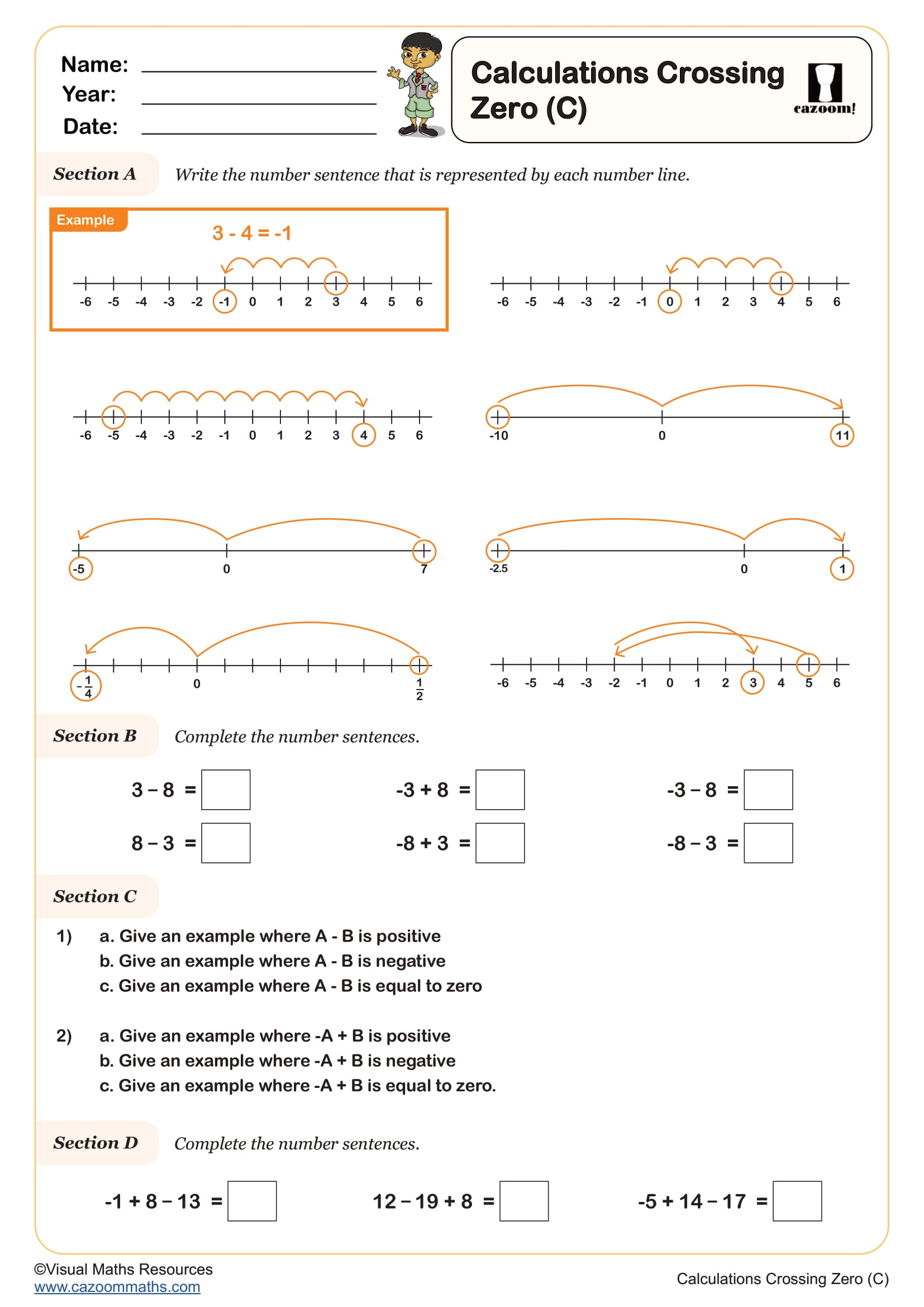 Calculations Crossing Zero (C) Worksheet | Fun and Engaging Year 6 ...