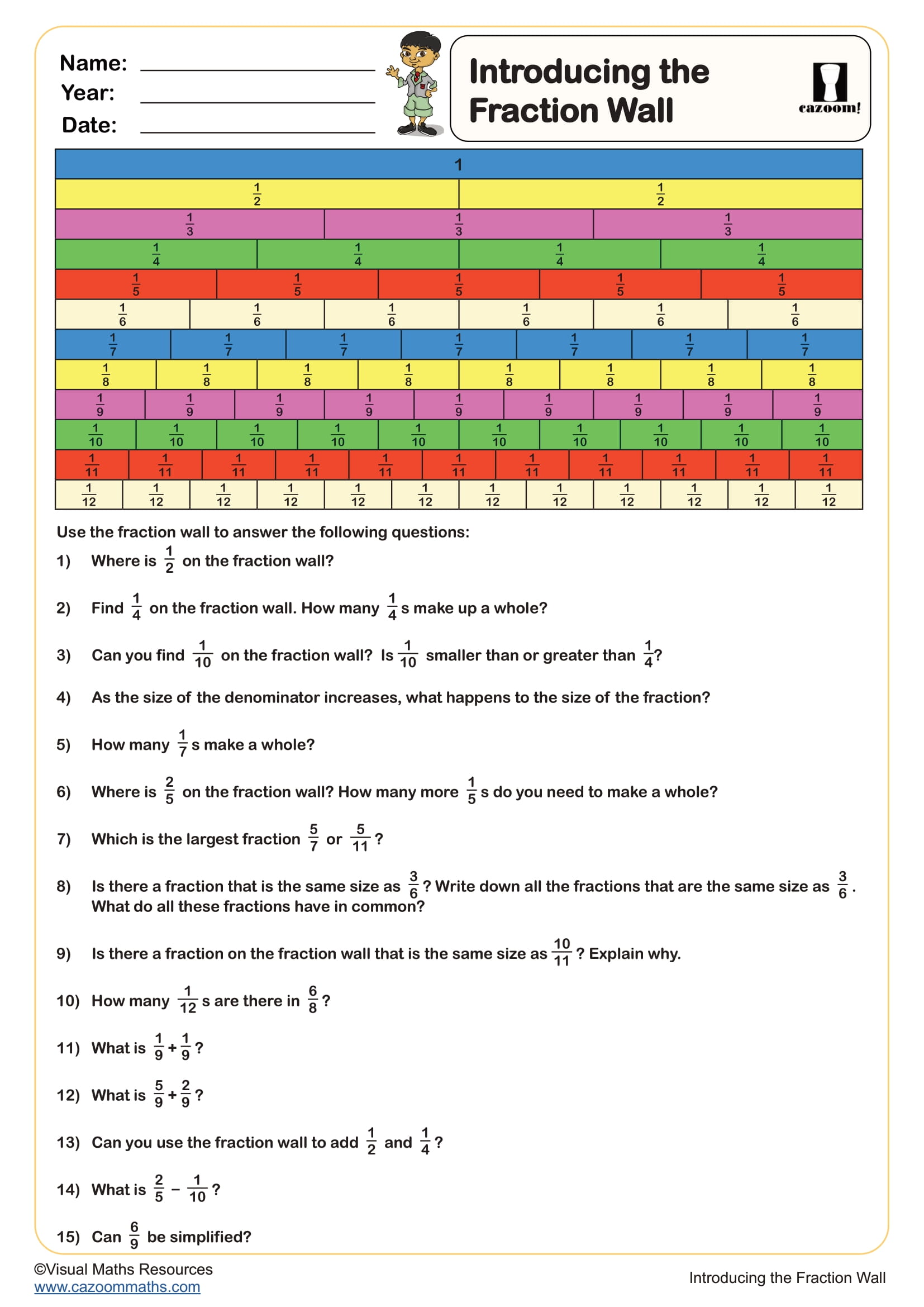 KS1 and 2 Fraction Wall Worksheets | Printable PDF Maths Worksheets
