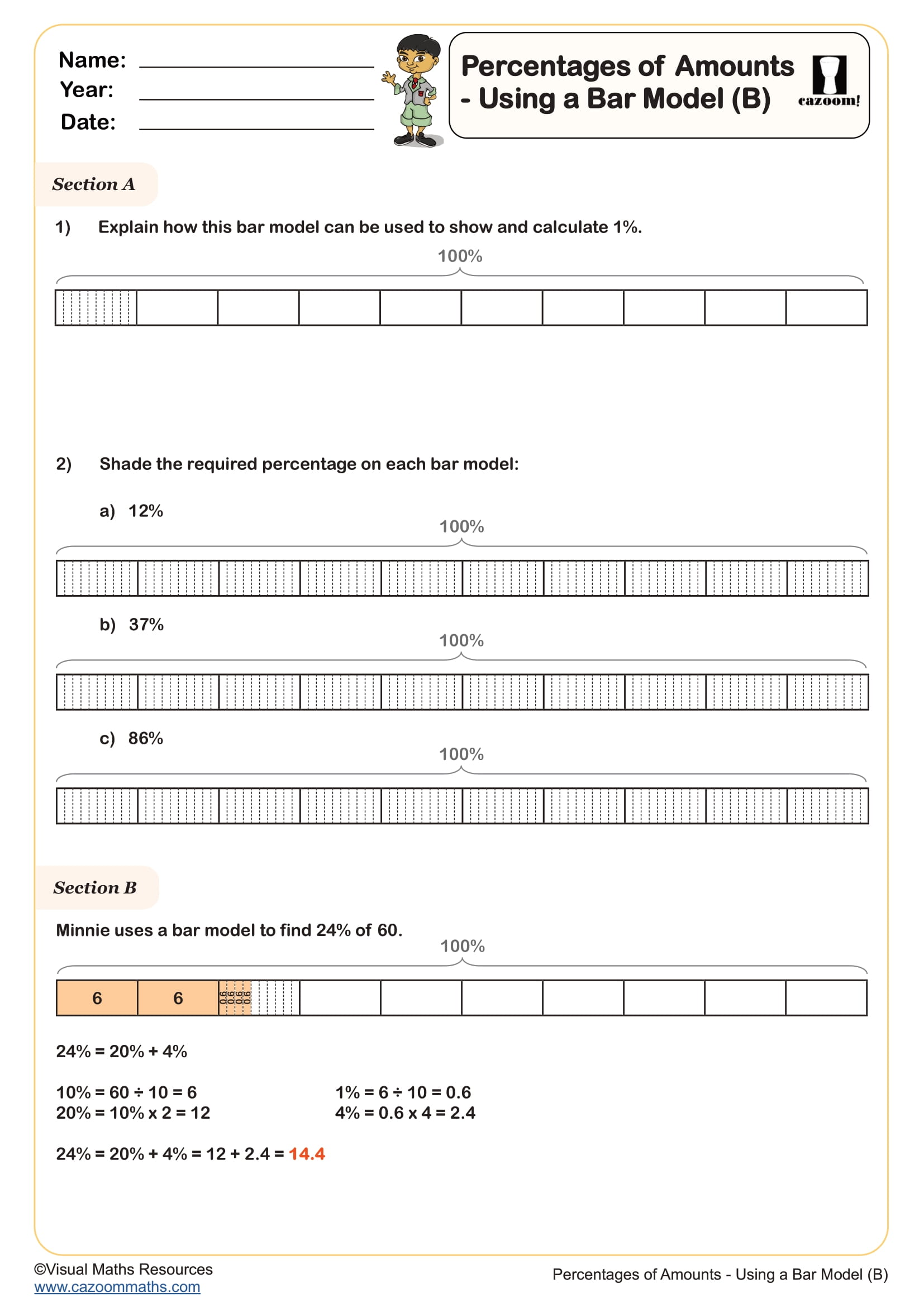 Percentages of Amounts - Using a Bar Model (B) Worksheet | Fun and ...