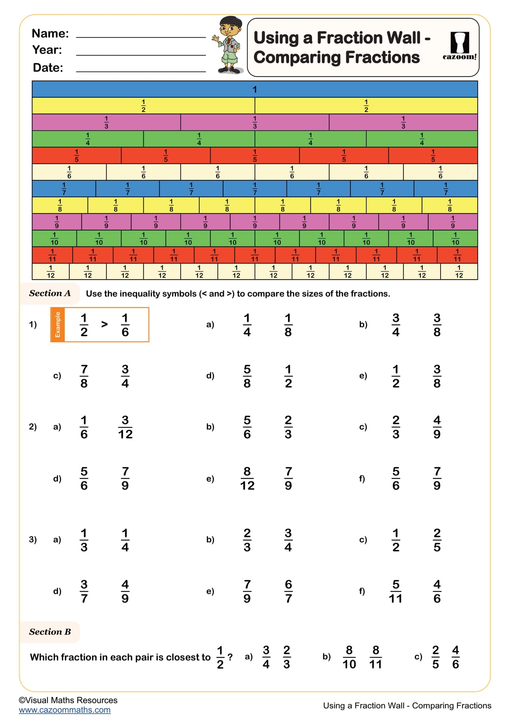 Using a Fraction Wall - Comparing Fractions Worksheet | Fun and ...