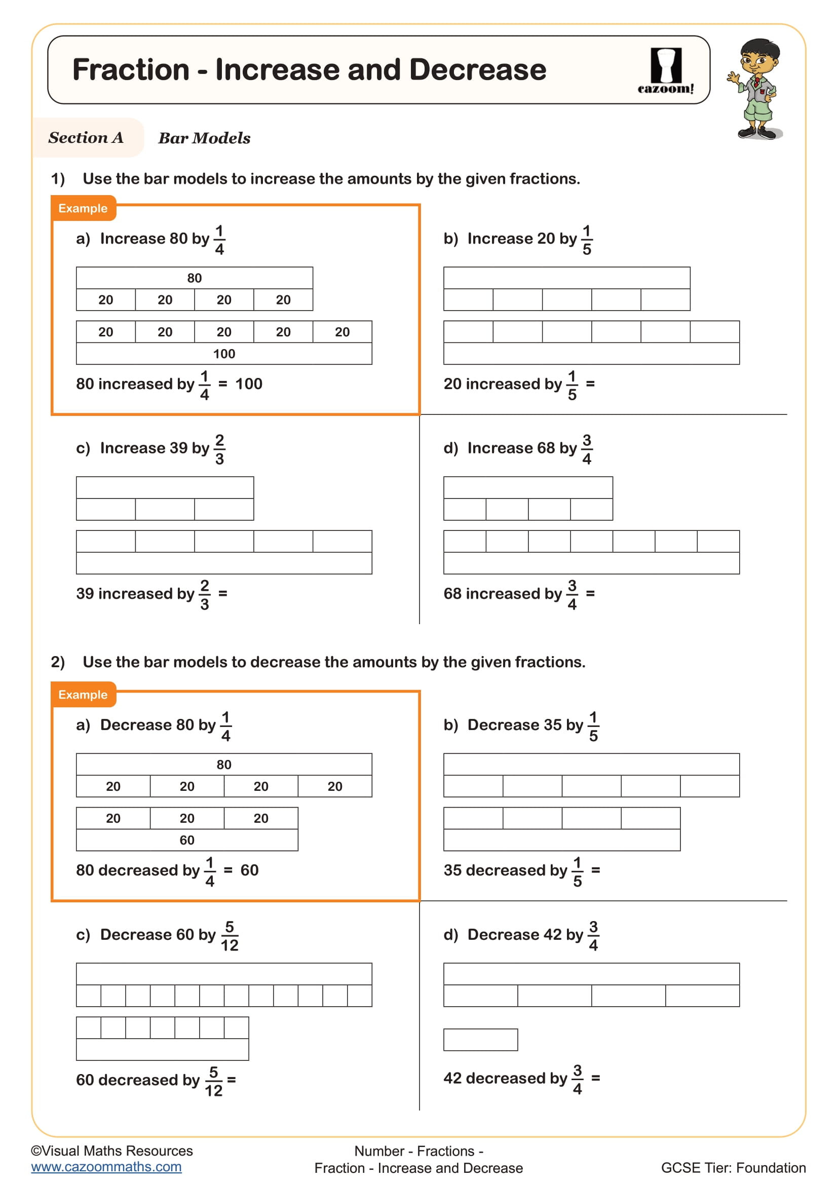 Fraction - Increase and Decrease Worksheet | Fun and Engaging Year 7 ...