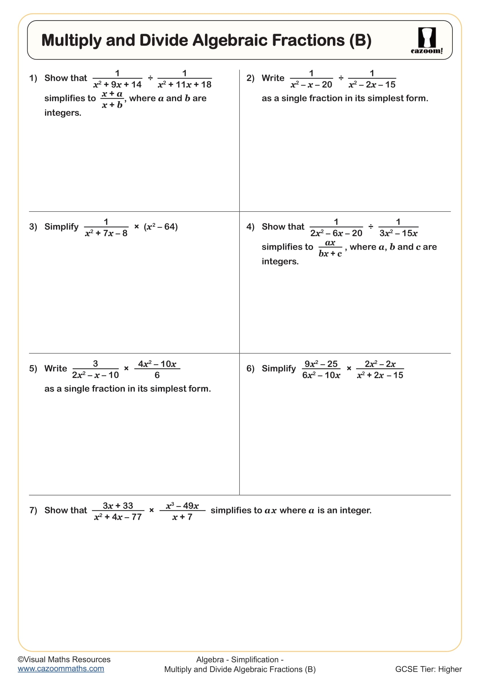Multiply and Divide Algebraic Fractions (B) Worksheet | Fun and ...