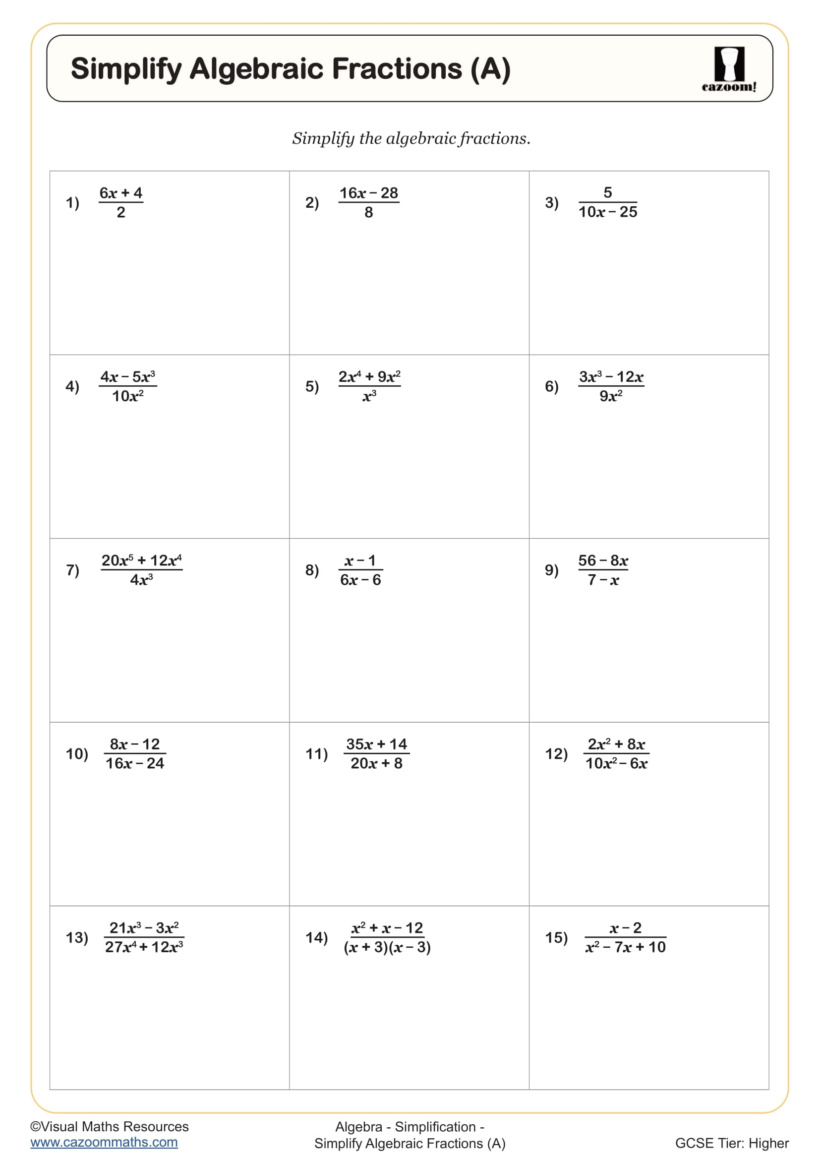 Simplify Algebraic Fractions (A) Worksheet | Fun and Engaging Year 9 ...