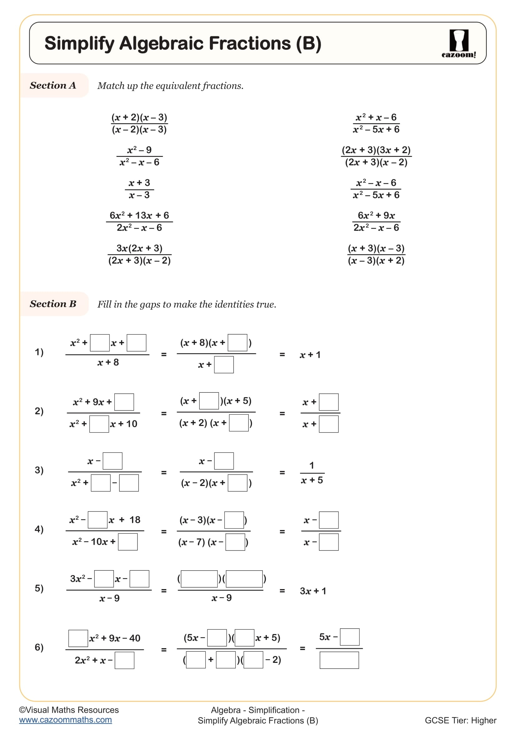 Simplify Algebraic Fractions (B) Worksheet | Fun and Engaging Year 10 ...