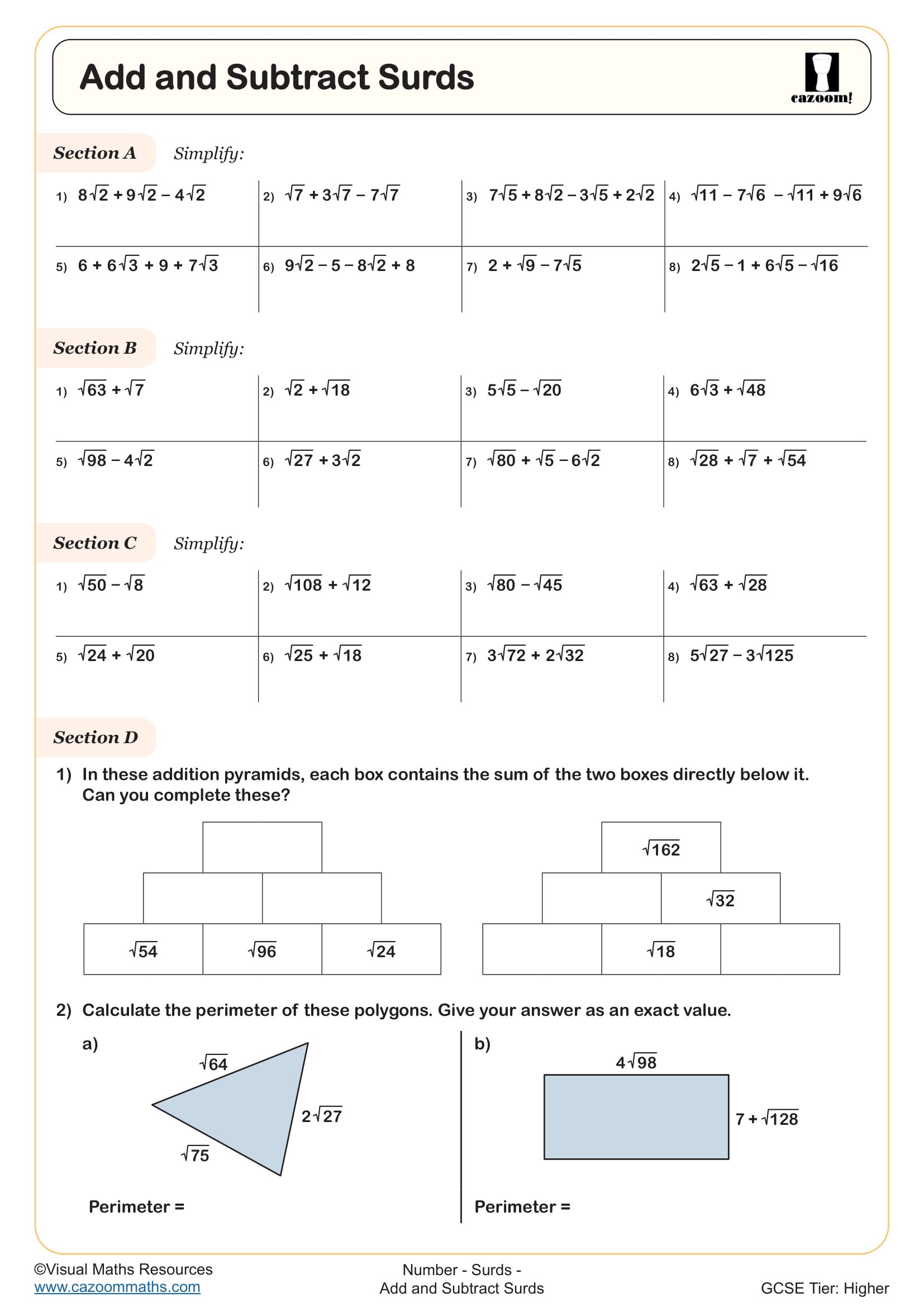 Add and Subtract Surds Worksheet | Fun and Engaging Year 9 and Year 10 ...