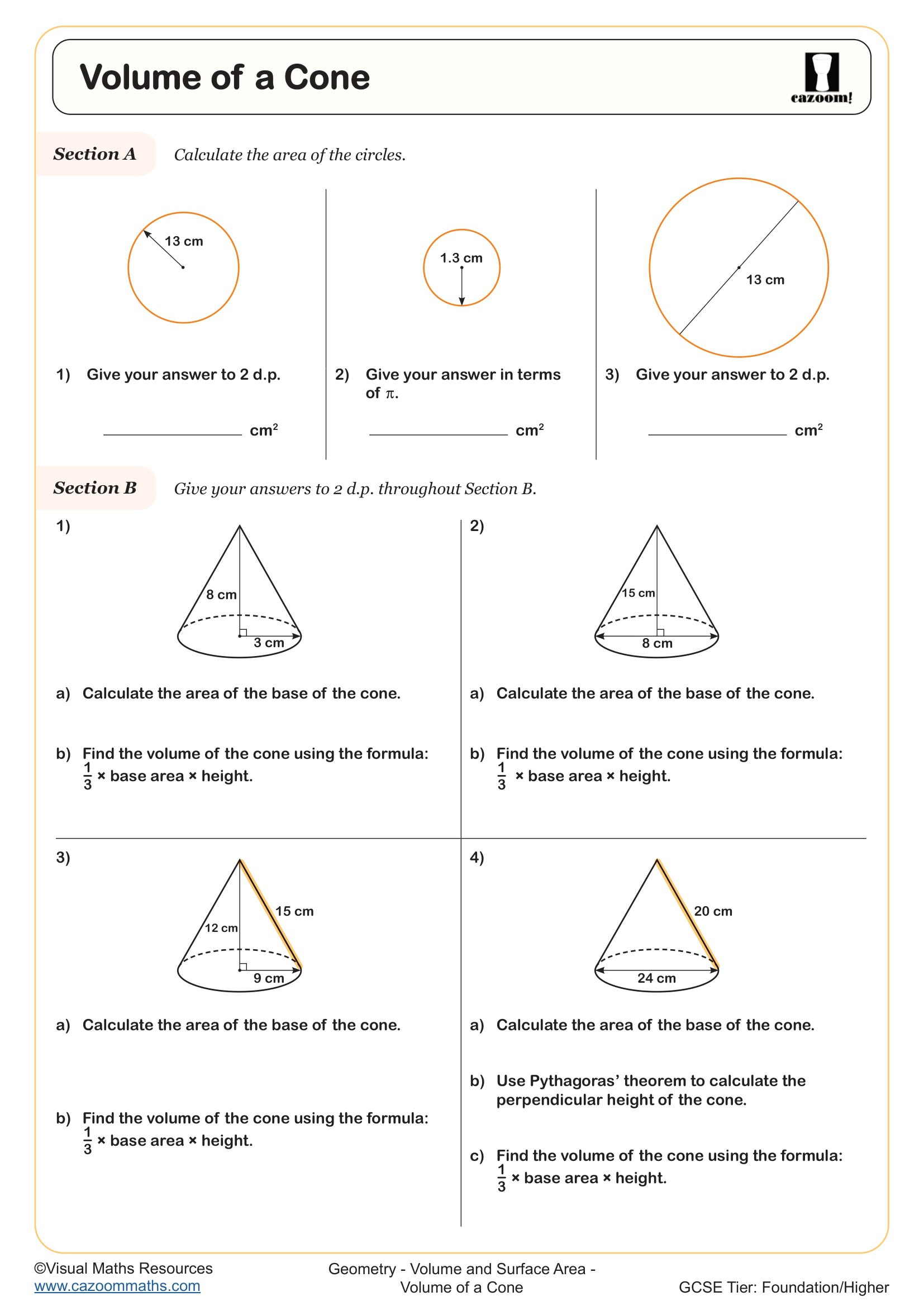 Volume of a Cone Worksheet | Fun and Engaging Year 10 and Year 11 ...