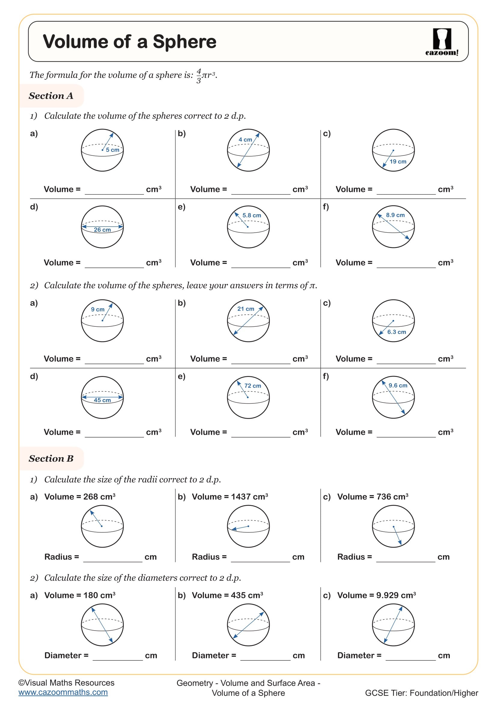 Volume of a Sphere Worksheet | Fun and Engaging Year 10 and Year 11 ...