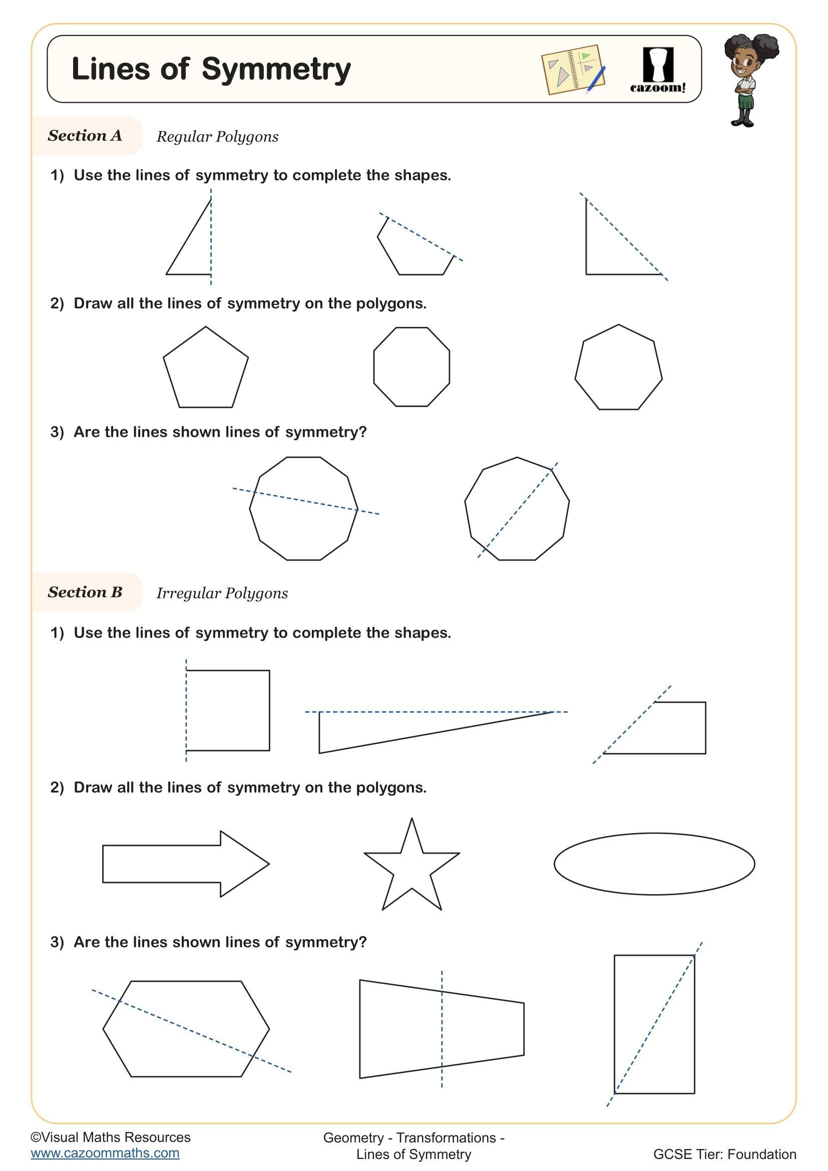 Lines of Symmetry Worksheet | Printable PDF Year 7 and Year 8 Geometry ...