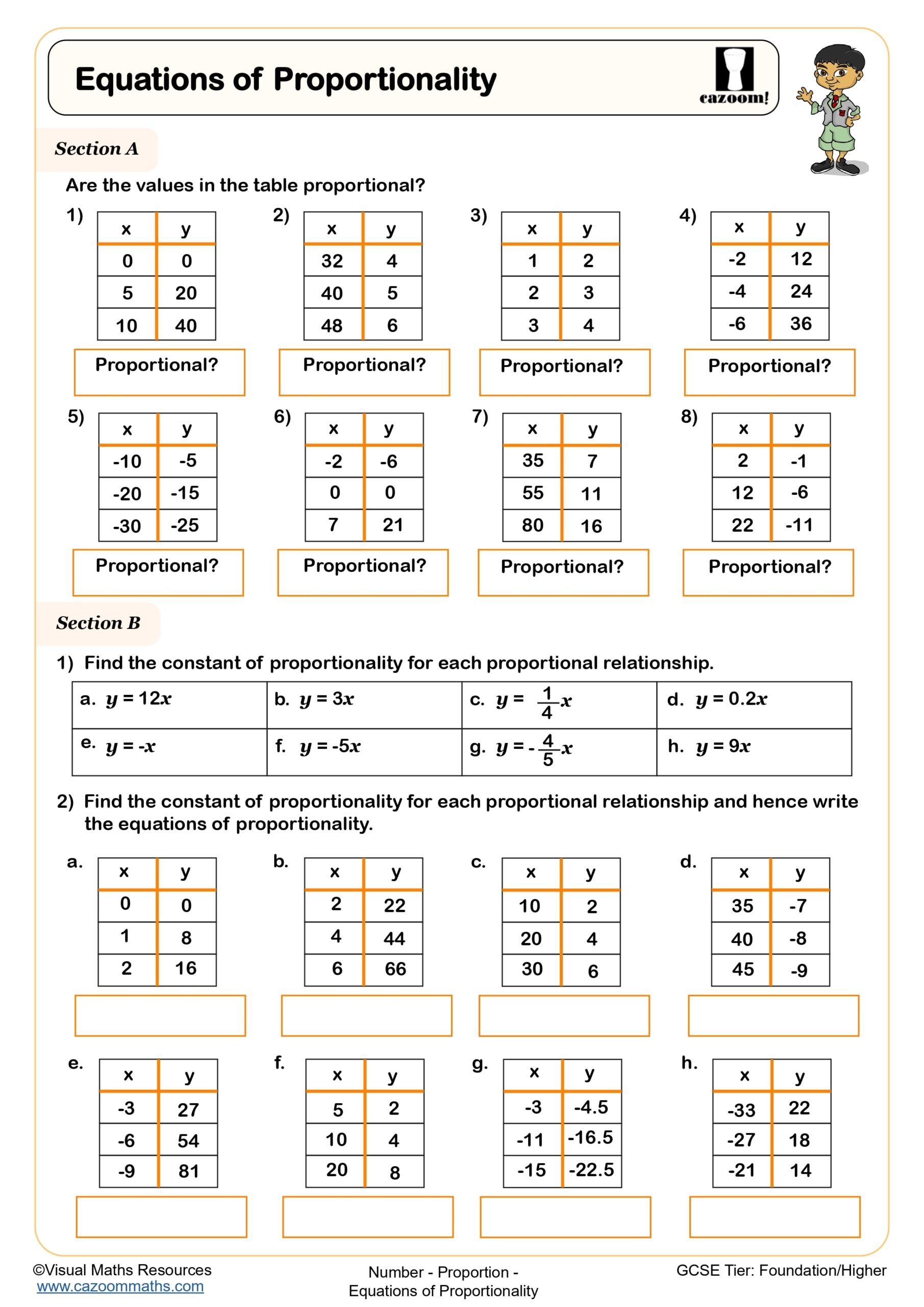 Equations of Proportionality Worksheet | Printable PDF Year 8 and Year ...
