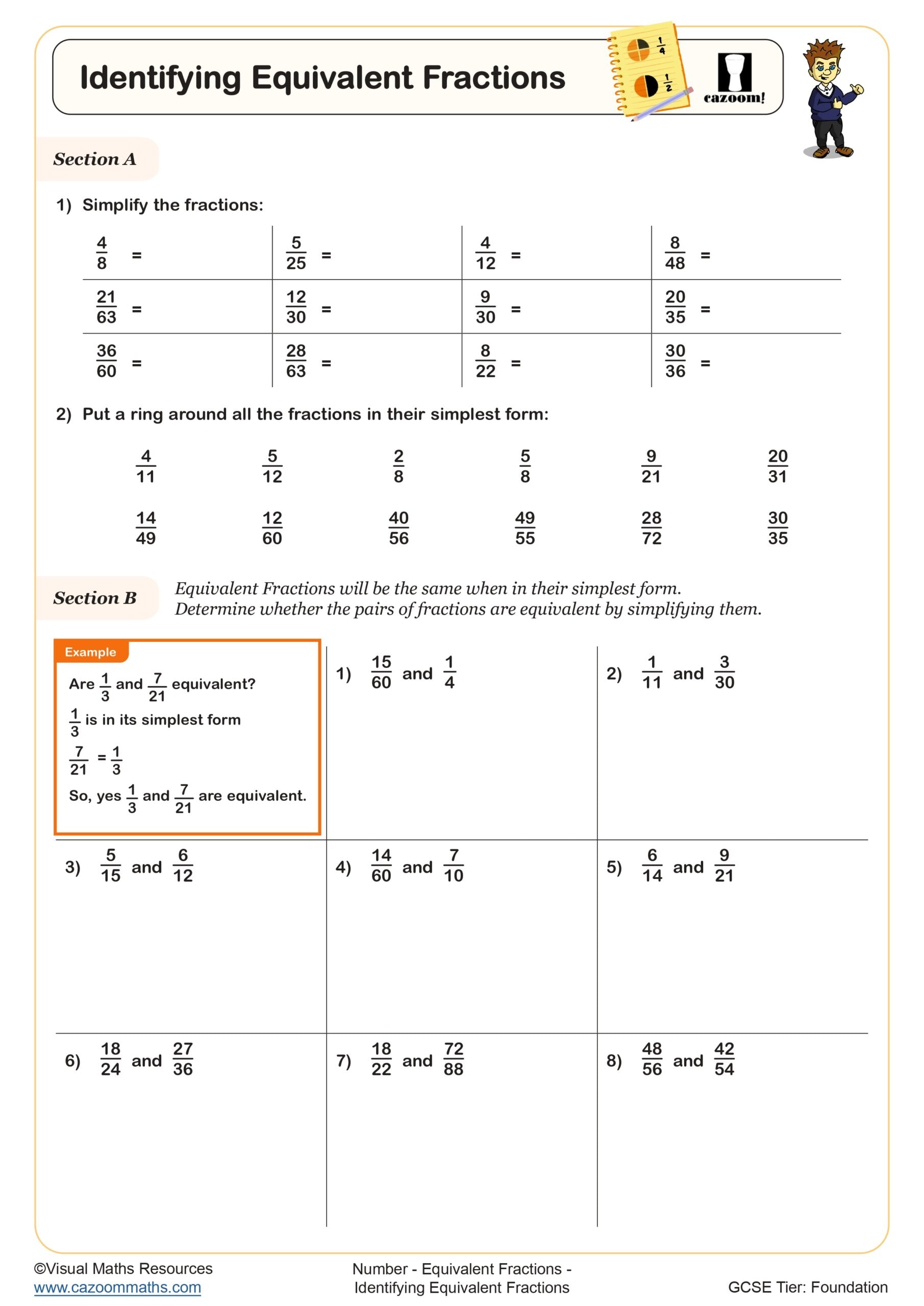 Identifying Equivalent Fractions Worksheet | Printable PDF Year 7 and ...