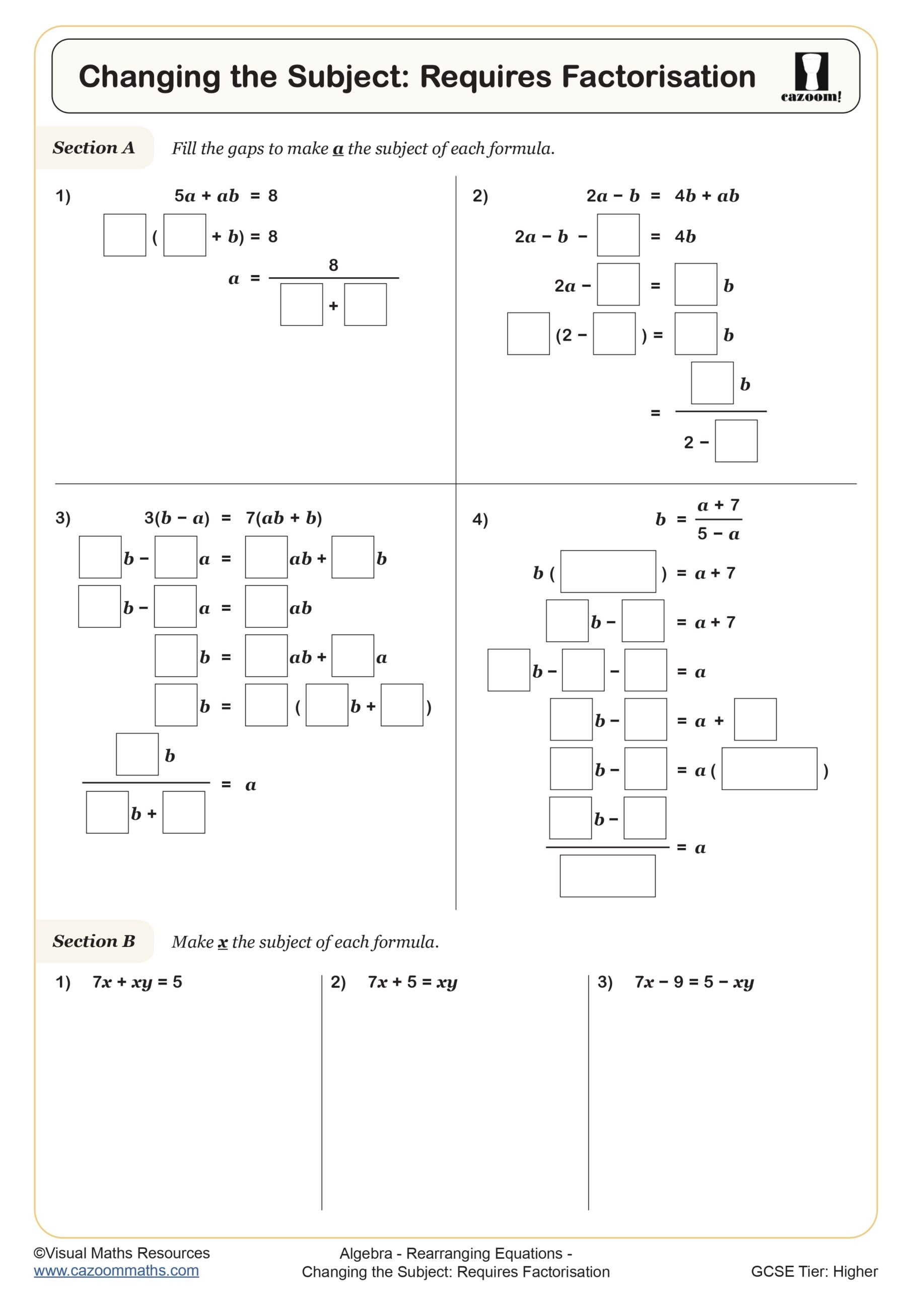 Changing the Subject: Requires Factorisation Worksheet | Fun and ...