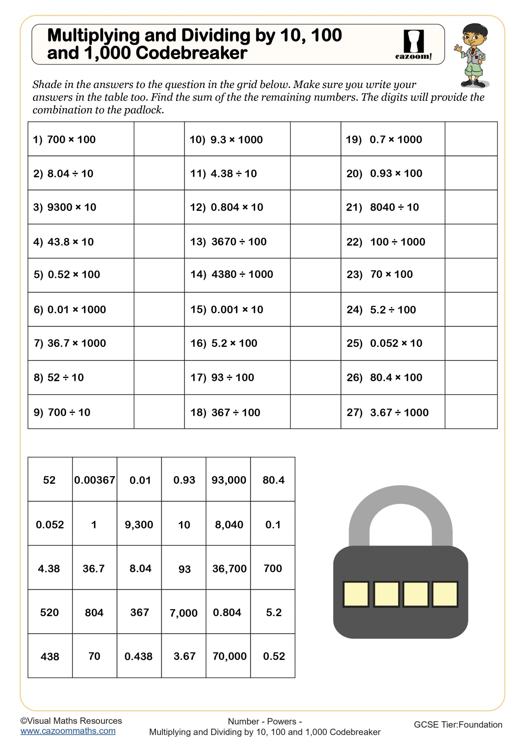 Multiplying and Dividing by 10, 100 and 1,000 Codebreaker Worksheet ...